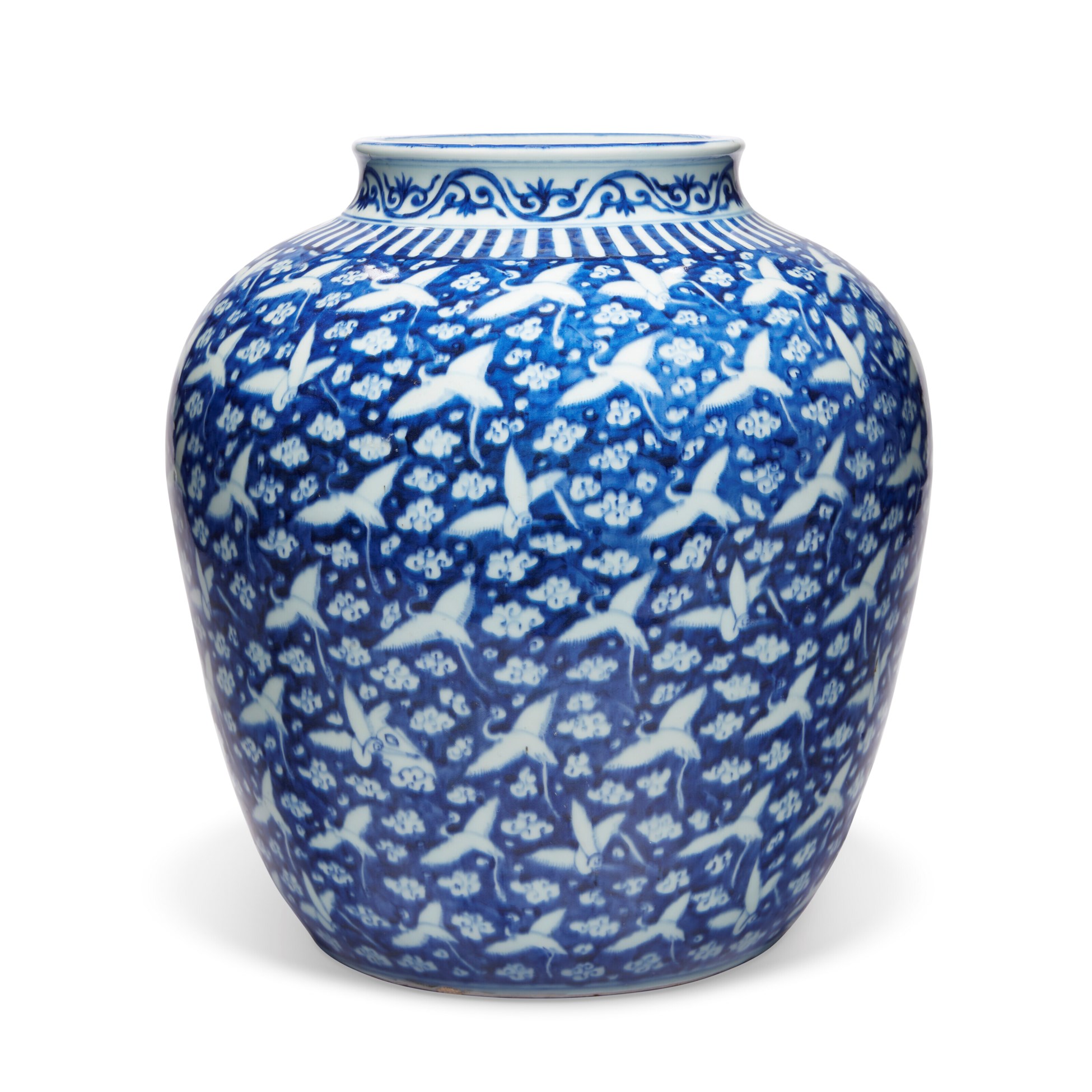 A LARGE BLUE AND WHITE REVERSE-DECORATED `CRANES' JAR, JIAJING SIX ...