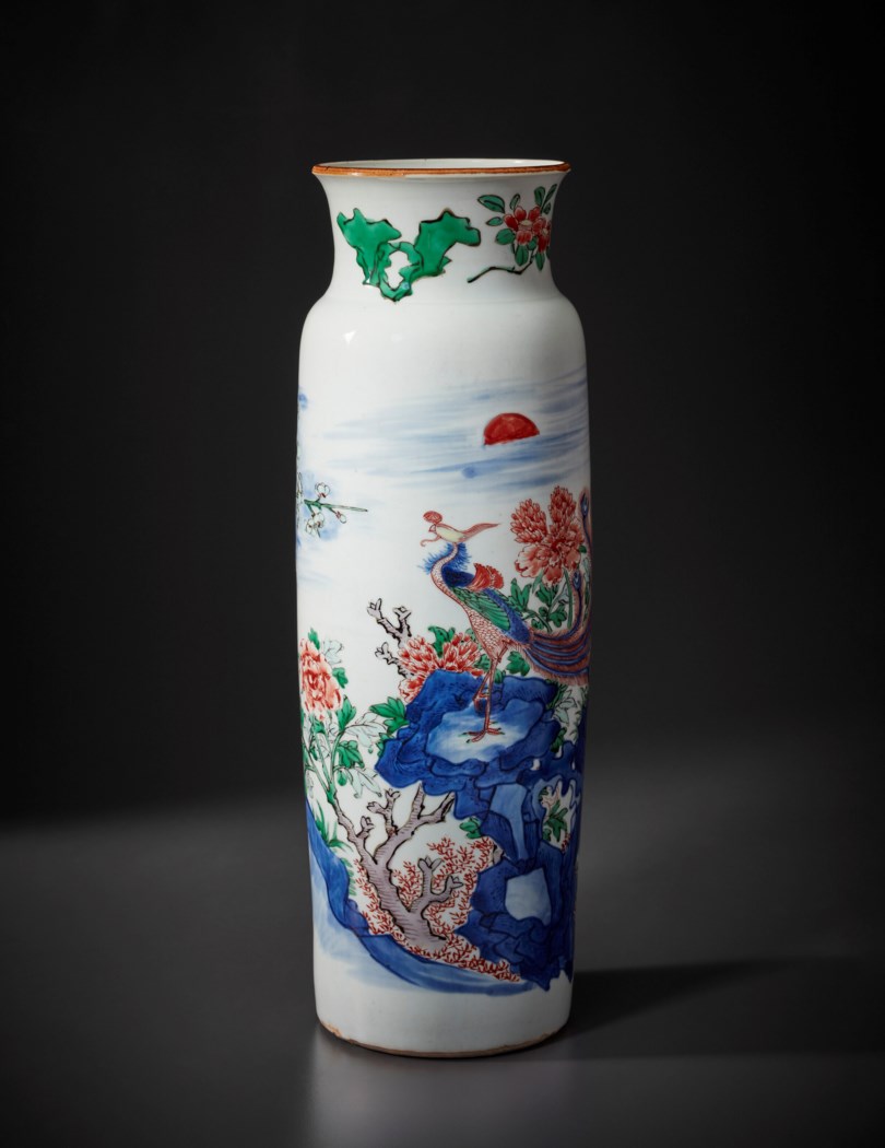 A SUPERB WUCAI `PHOENIX' SLEEVE VASE, CHONGZHEN-SHUNZHI PERIOD, 1640 ...