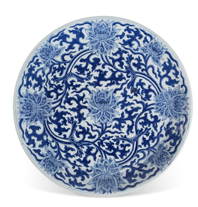 A RARE MASSIVE BLUE AND WHITE 'LOTUS' DISH