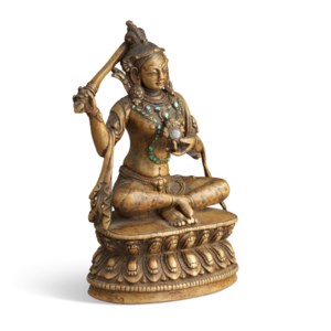 A RARE COPPER AND SILVER-INLAID FIGURE OF MAHA PRATISARA, TIBET, 15TH ...