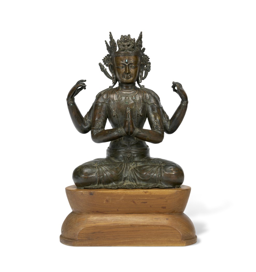 A LARGE SILVER- AND COPPER-INLAID BRONZE FIGURE OF SHADAKSHARI ...