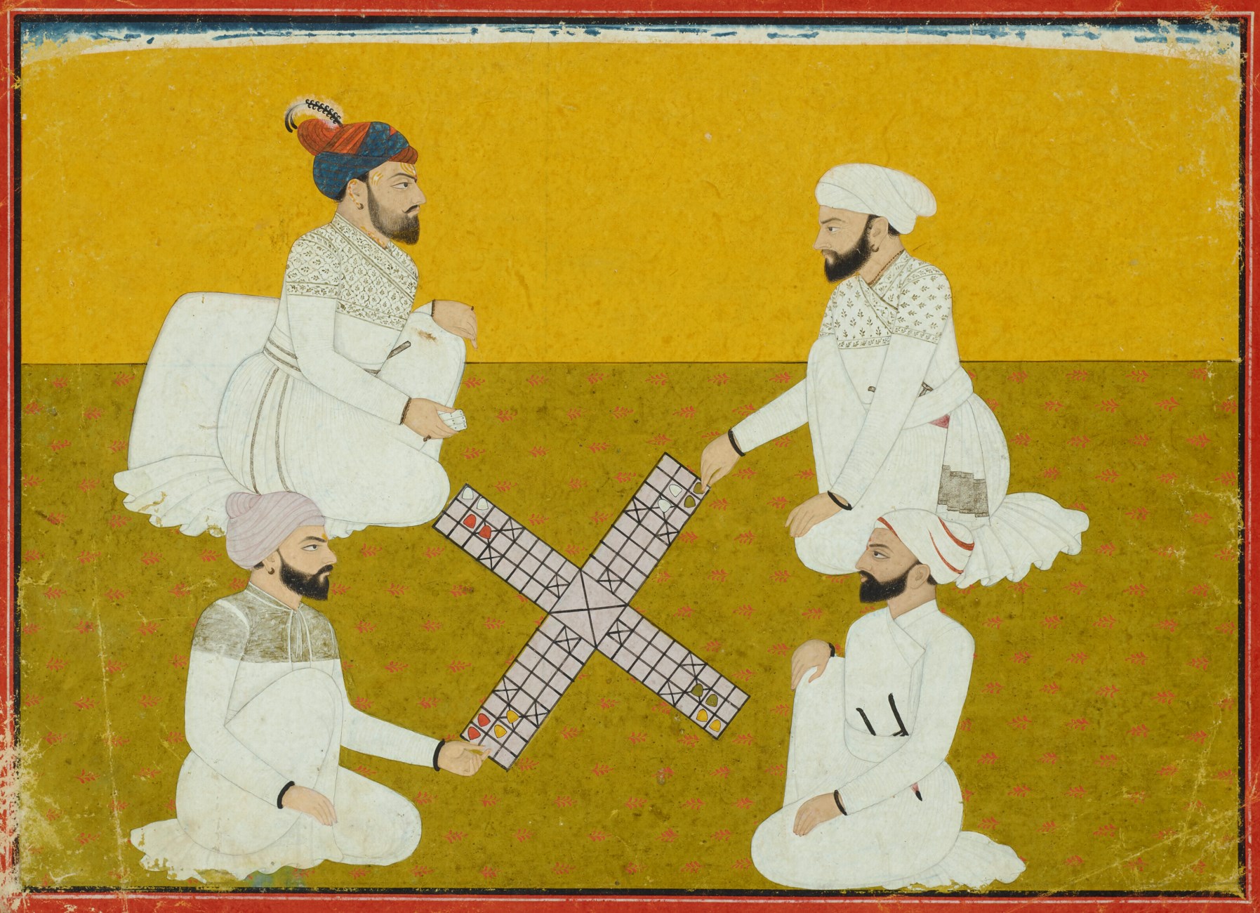 A PAINTING OF A RAJA AND HIS COURTIERS PLAYING CHAUPAR, INDIA, PUNJAB ...