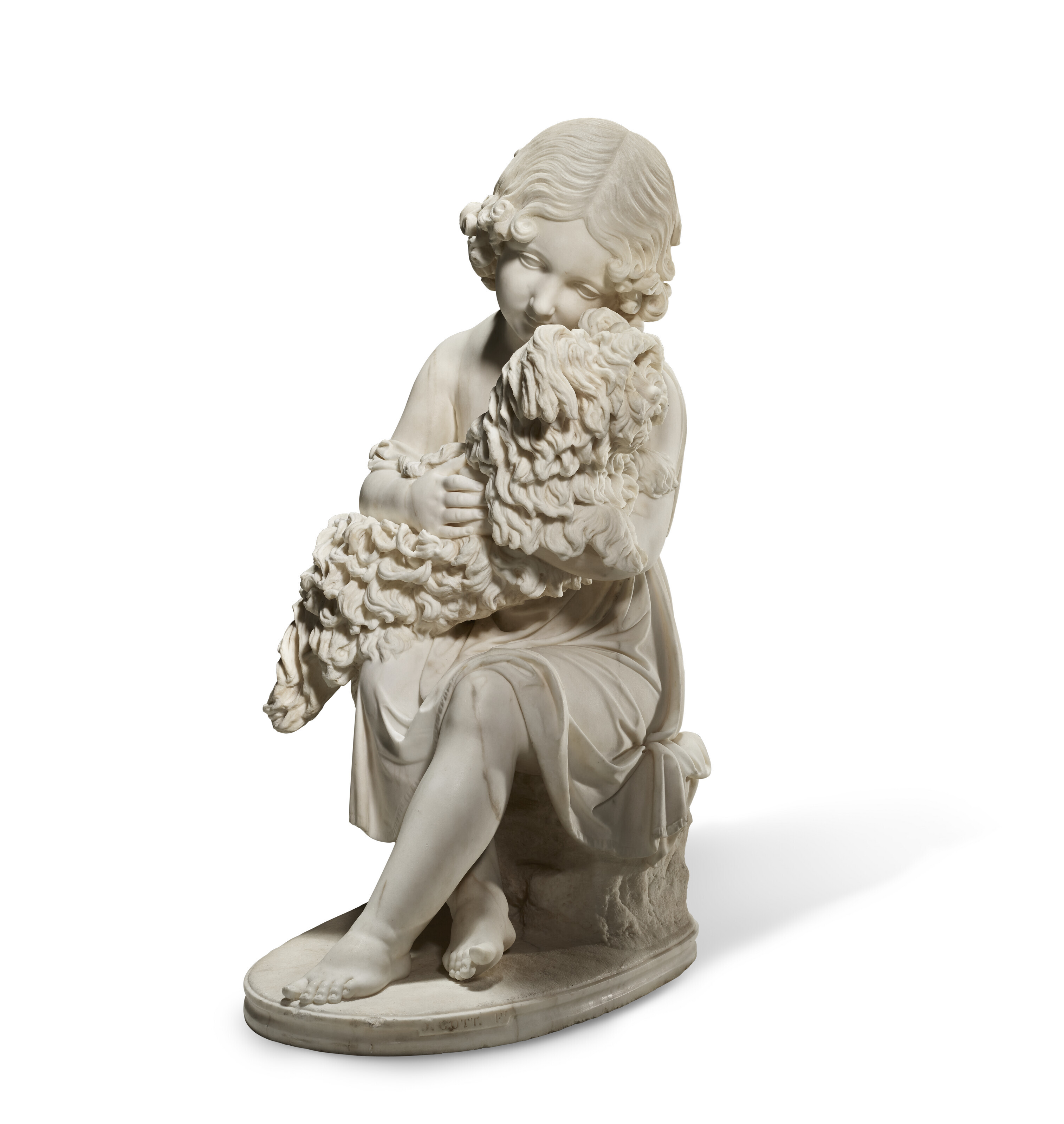 A WHITE MARBLE GROUP OF YOUNG GIRL, PROBABLY MISS DAMES EMBRACING A ...