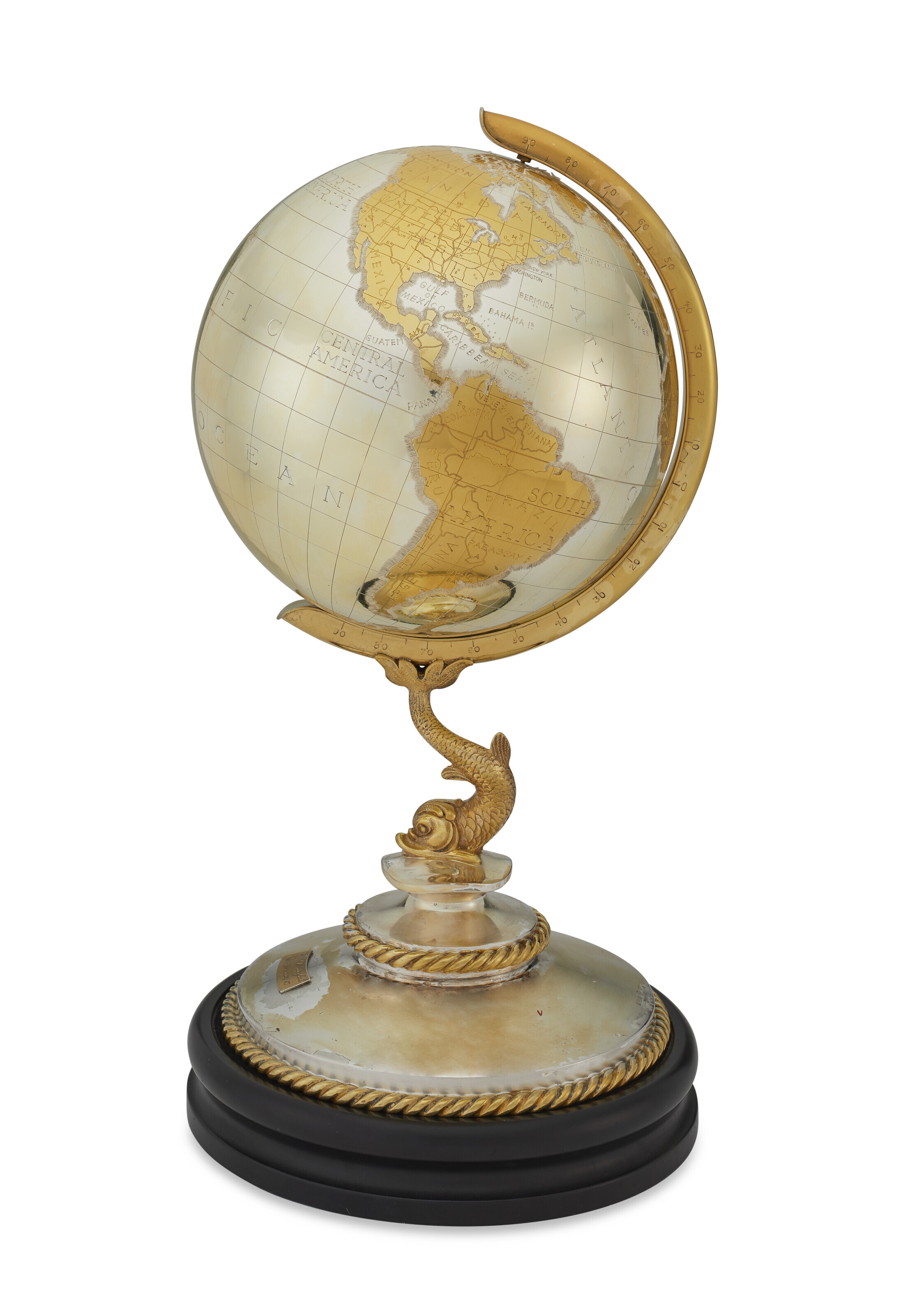 A GERMAN PARCEL-GILT SILVER TABLE GLOBE, MAKER'S MARK S&F, MID-20TH ...