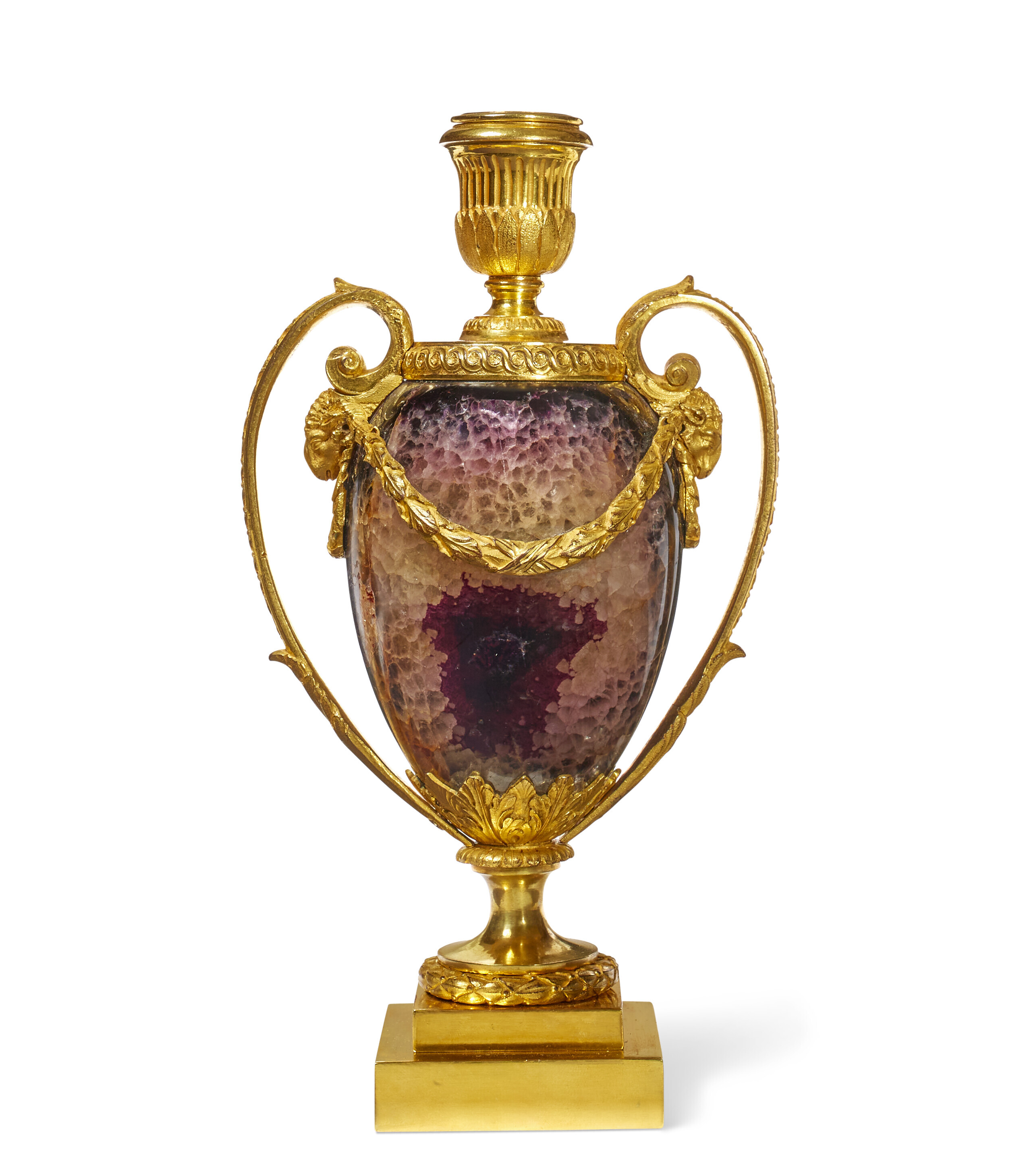 A GEORGE III ORMOLU-MOUNTED BLUE JOHN CANDLE VASE, ATTRIBUTED TO ...