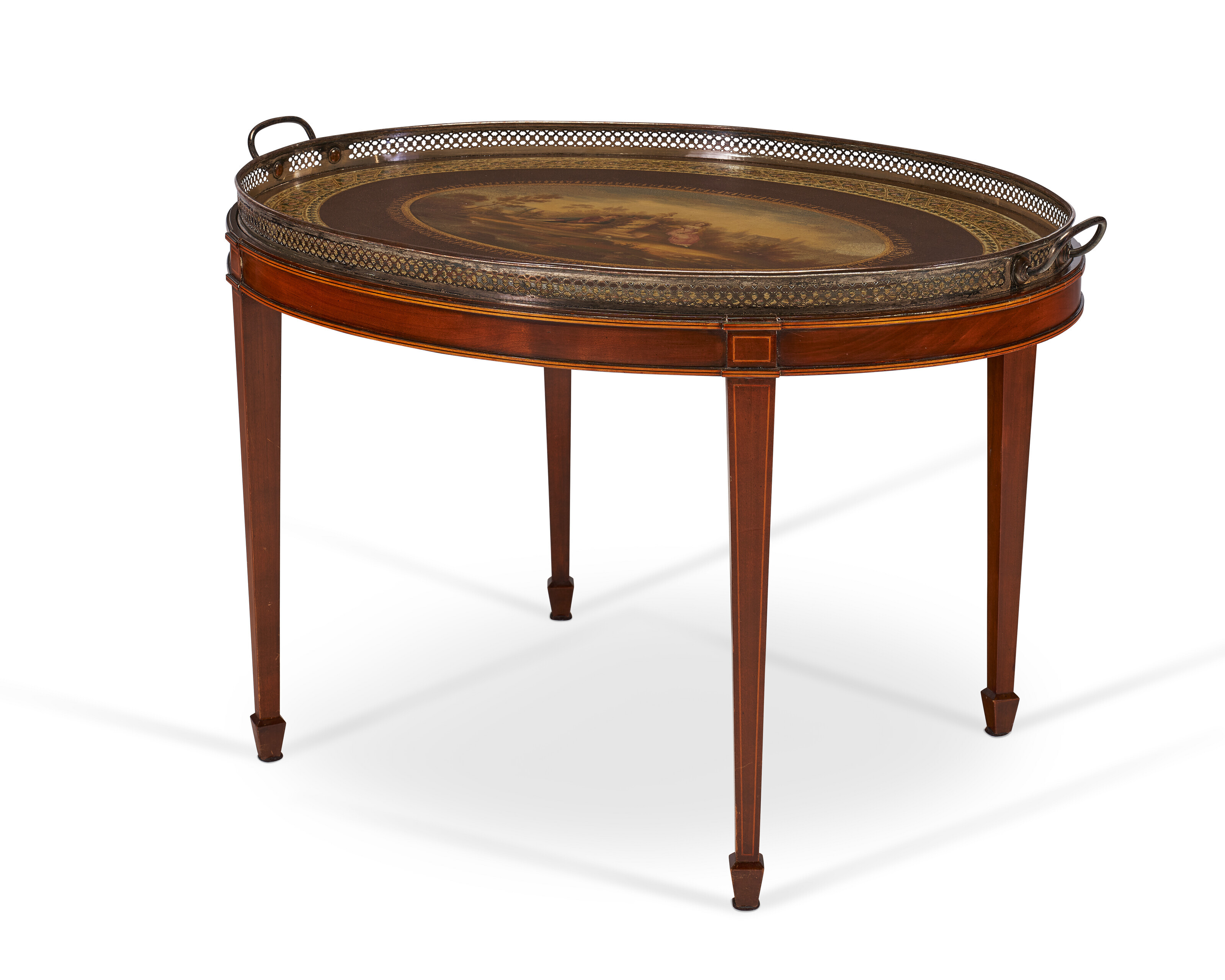 A LATE GEORGE III POLYCHROME- DECORATED TÔLE TRAY, CIRCA 1800, ON LATER ...