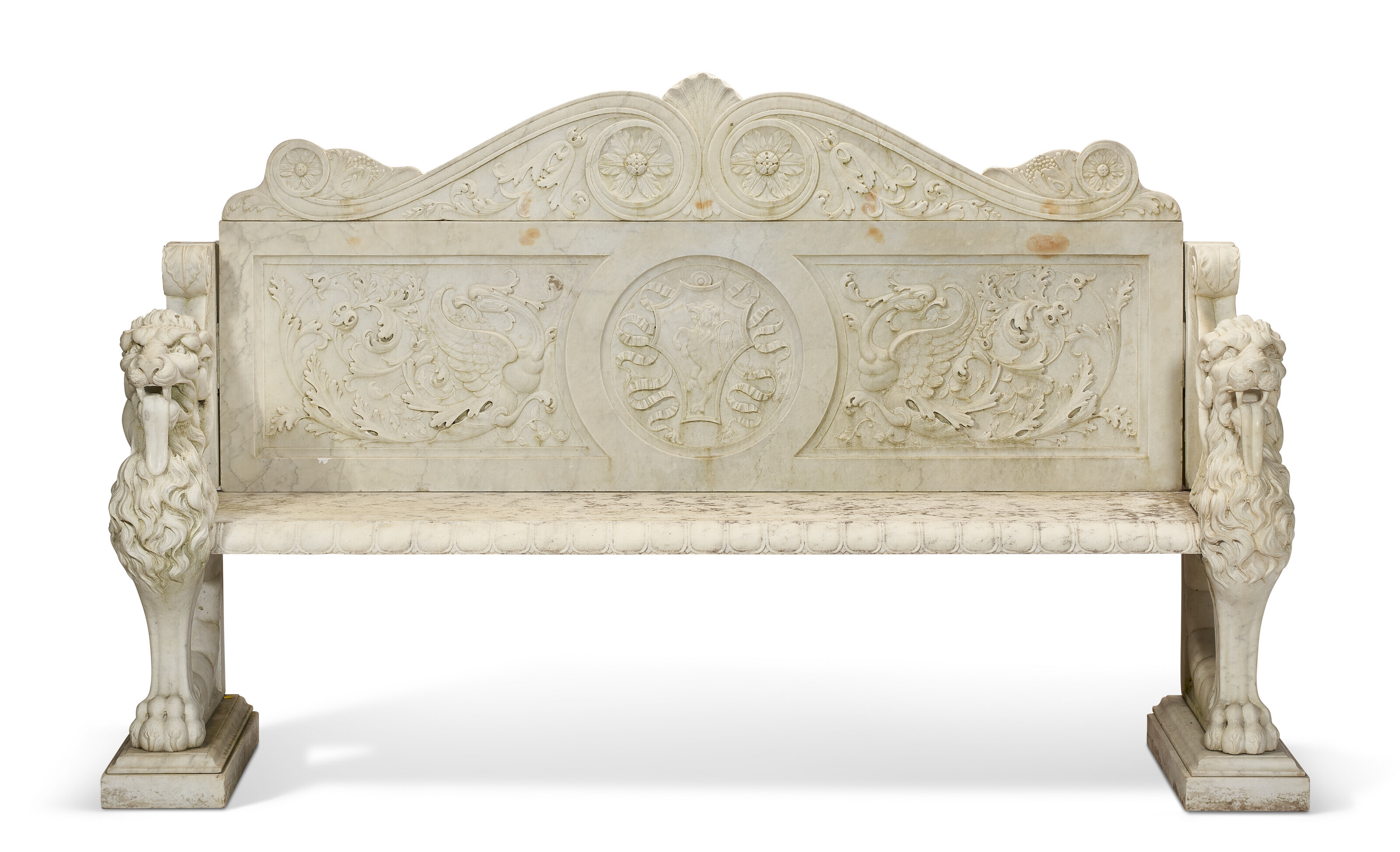AN ITALIAN WHITE MARBLE GARDEN BENCH, LATE 19TH/EARLY 20TH CENTURY ...