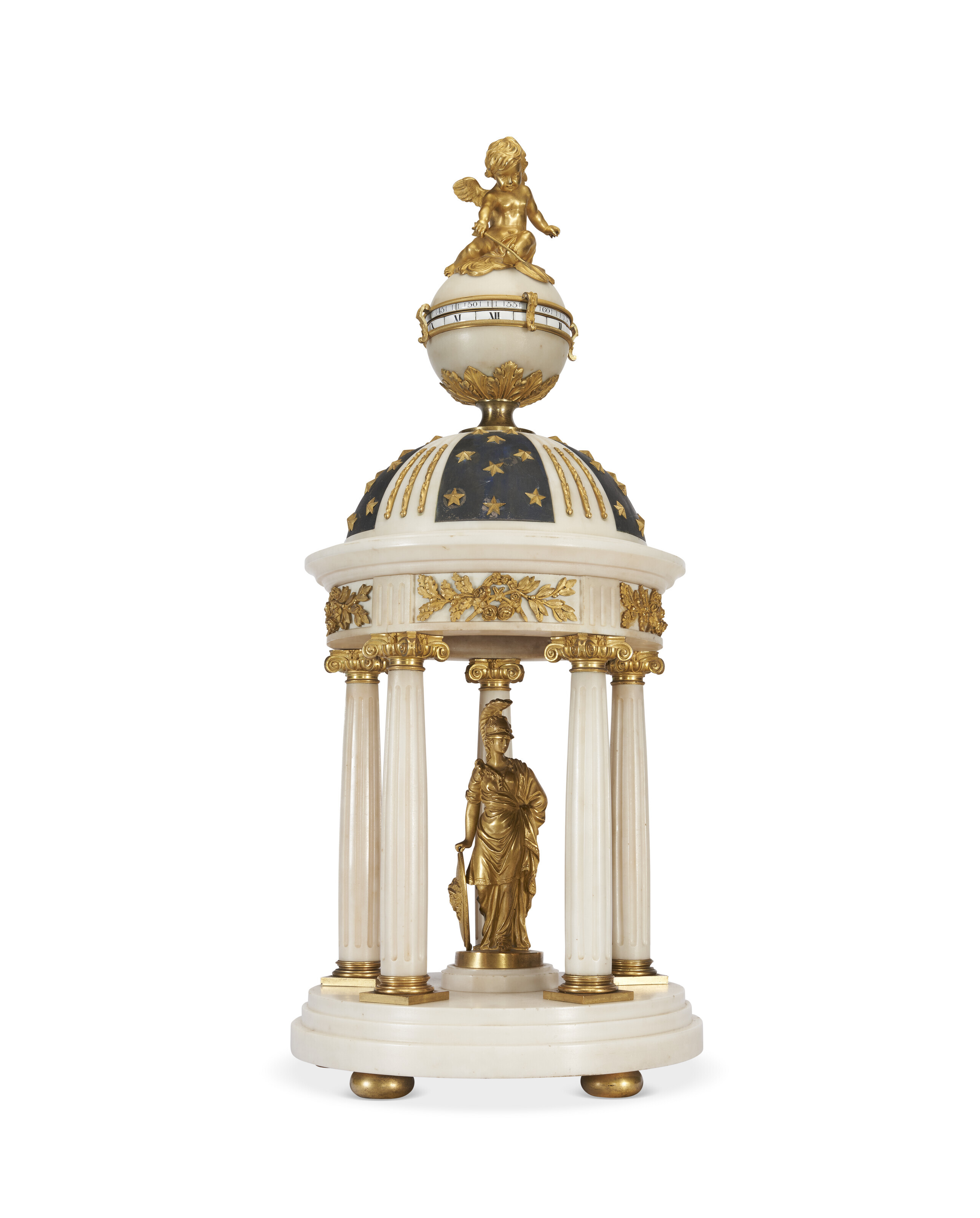 A LOUIS XVI ORMOLU, BLUED METAL AND WHITE MARBLE 'PENDULE A CERCLES TOURNANTS', CIRCA 1780 ...
