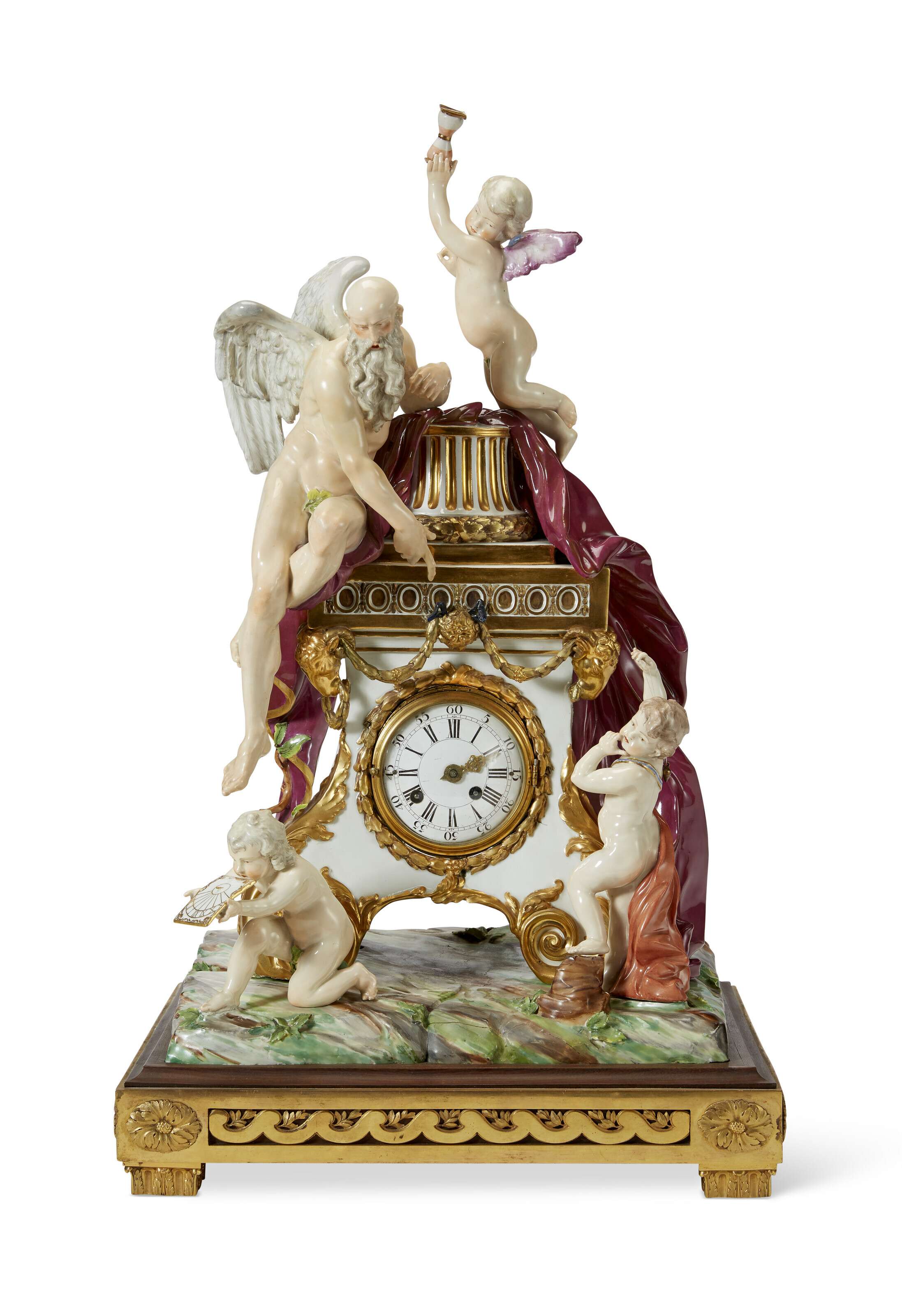 A VIENNA PORCELAIN FIGURAL MANTEL CLOCK ON AN ORMOLU BASE, THE ...