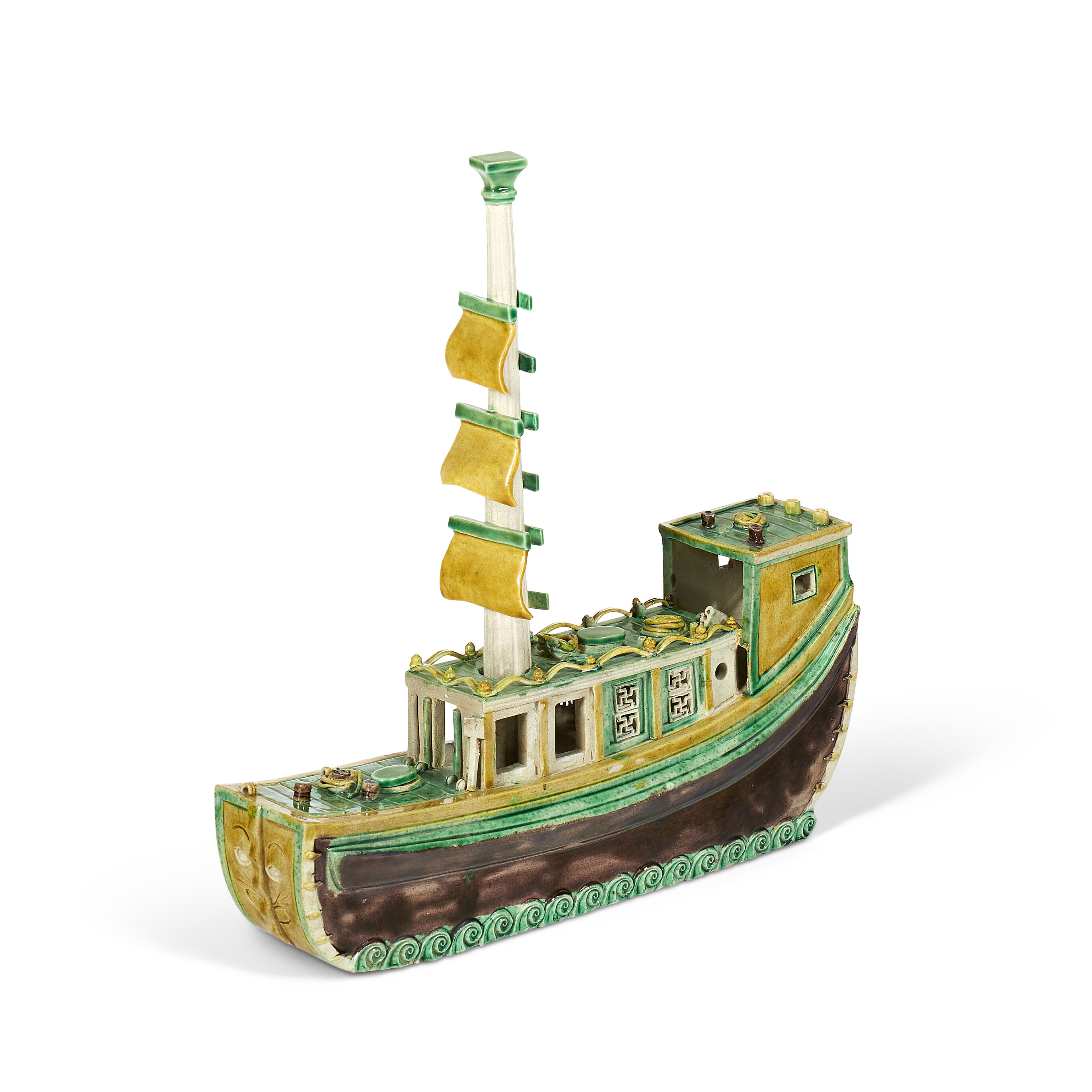 A CHINESE EXPORT BISCUIT-GLAZED PORCELAIN MODEL OF A BOAT, KANGXI ...