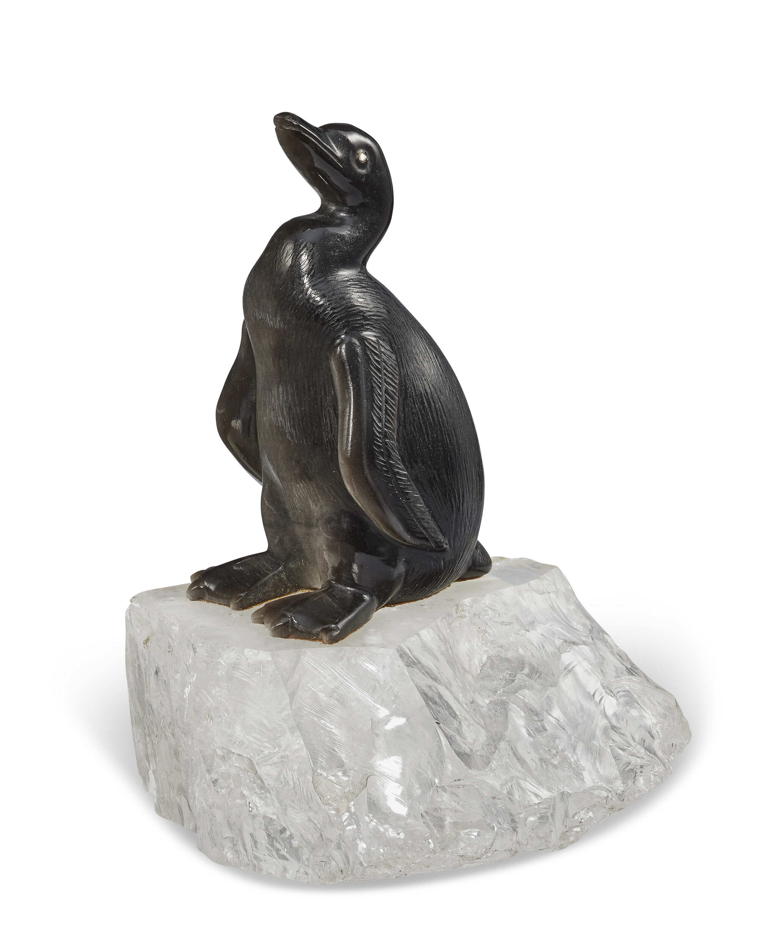 A JEWELED OBSIDIAN AND ROCK CRYSTAL FIGURE OF A PENGUIN, BY FABERGE, ST ...