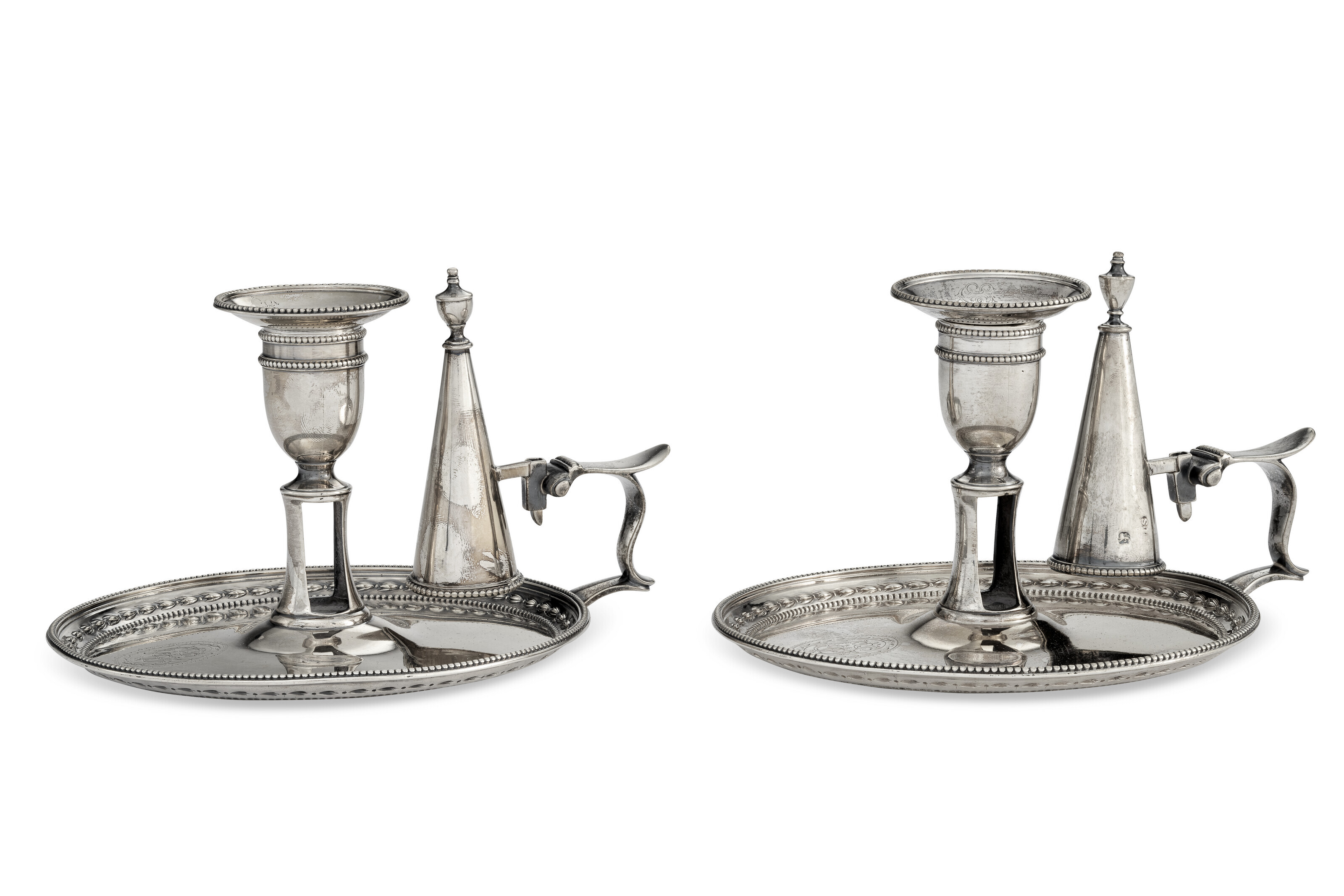 A PAIR OF GEORGE III SILVER CHAMBER CANDLESTICKS, MARK OF JOHN SCOFIELD ...