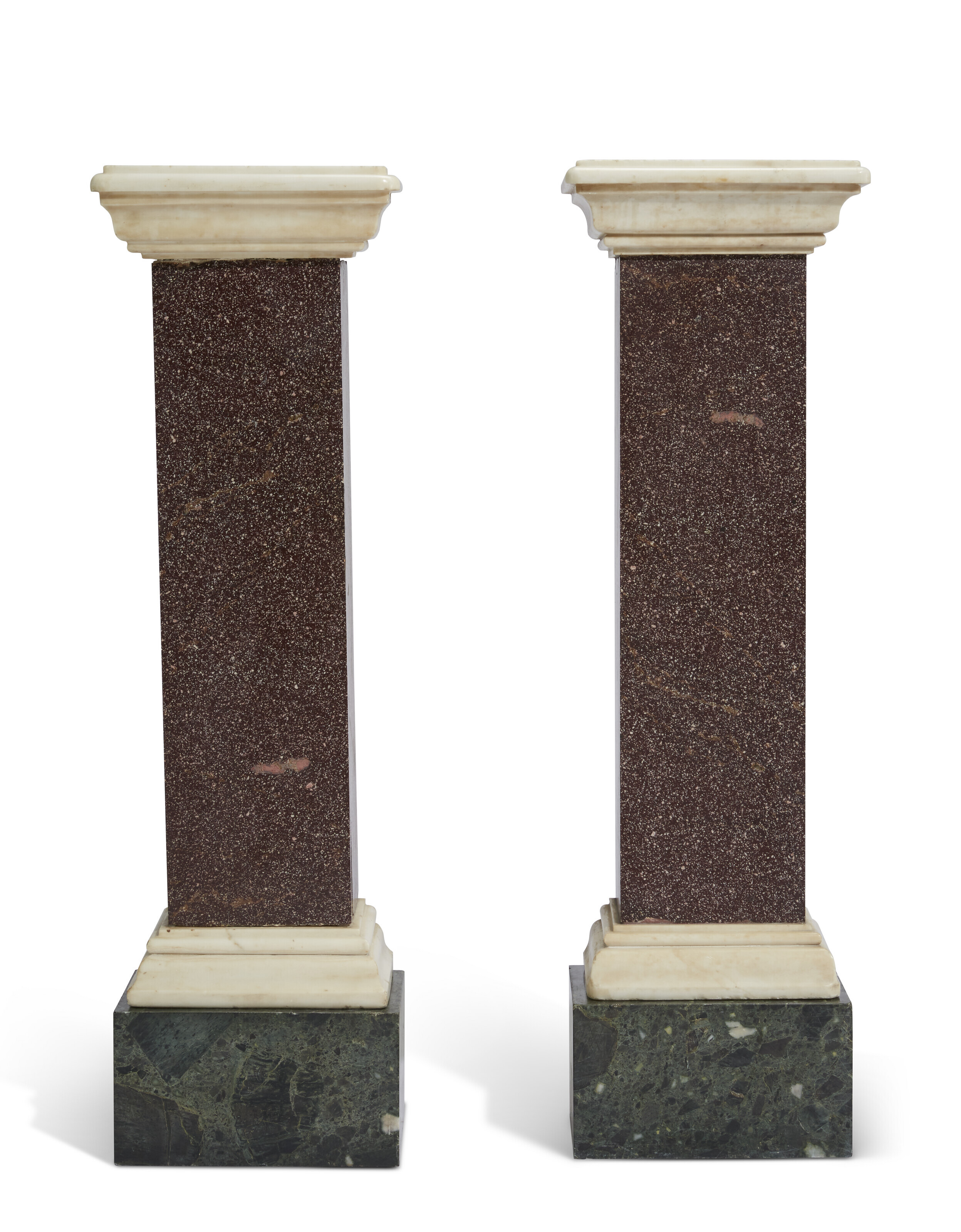 A PAIR OF ITALIAN WHITE MARBLE, PORPHYRY AND VERDE ANTICO PEDESTALS ...