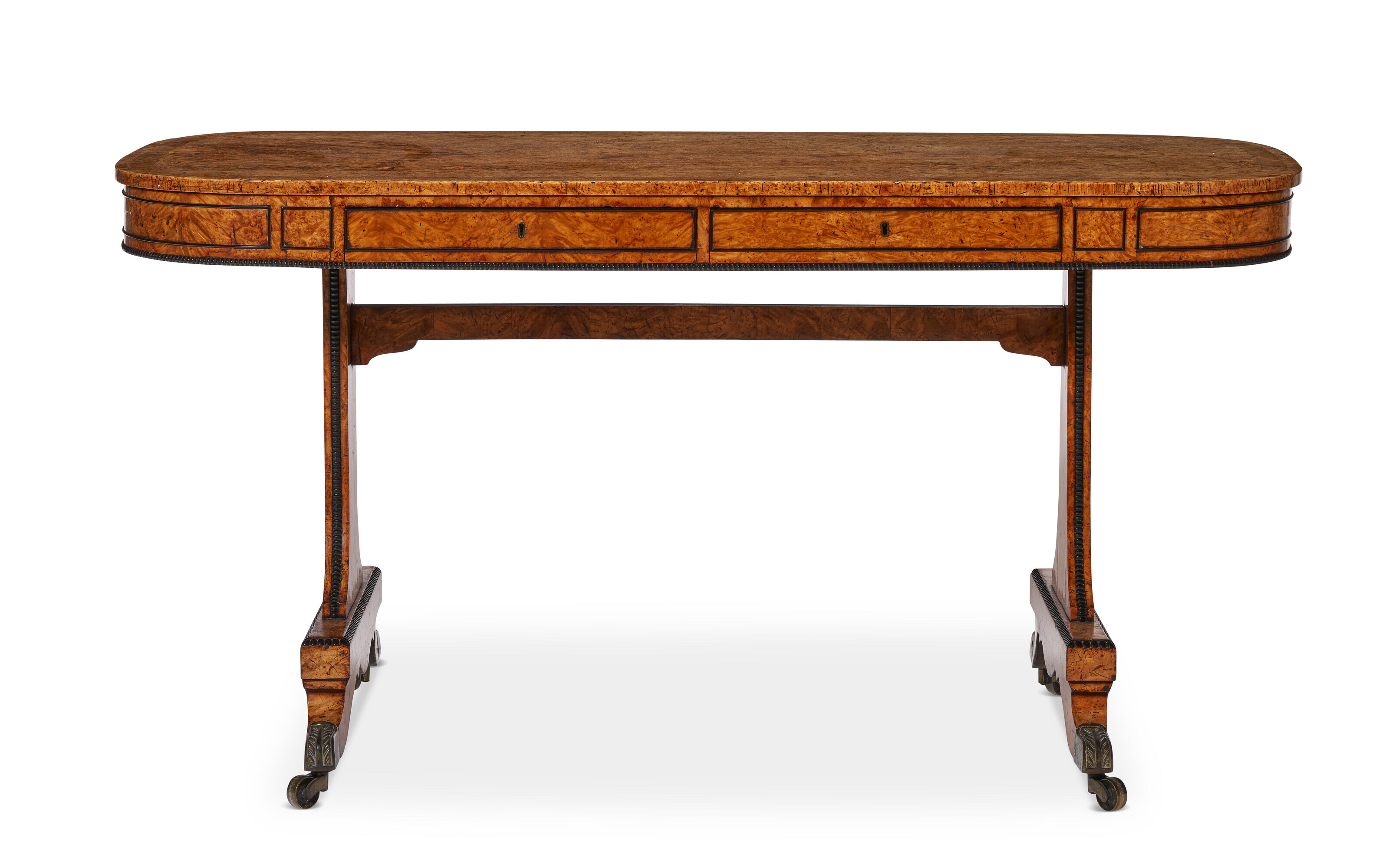 A REGENCY BURR BIRCH, POLLARD OAK, AND EBONIZED WRITING-TABLE, EARLY ...