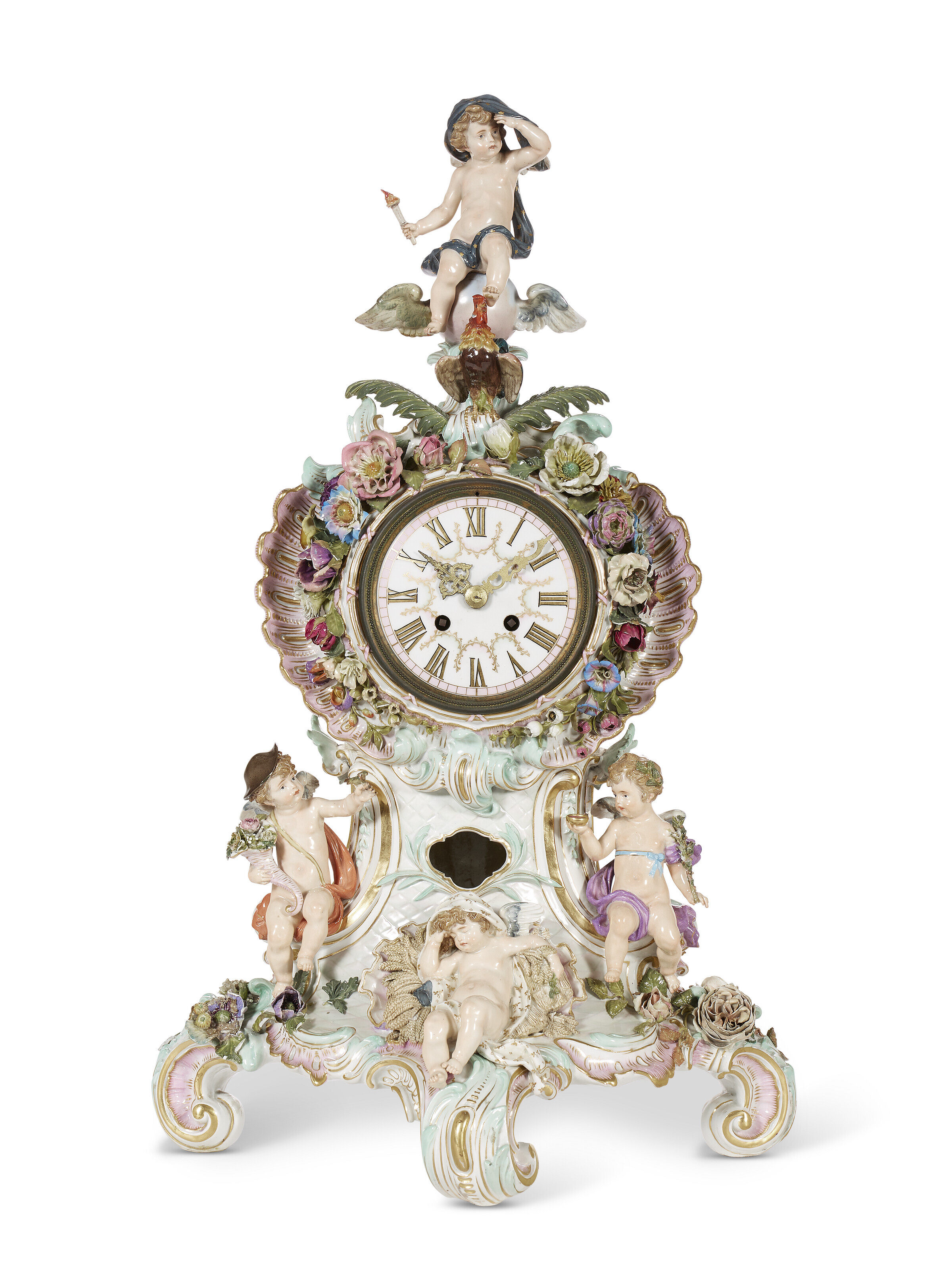 A MEISSEN PORCELAIN FLOWER-ENCRUSTED FIGURAL MANTEL CLOCK, DATED 1881 ...