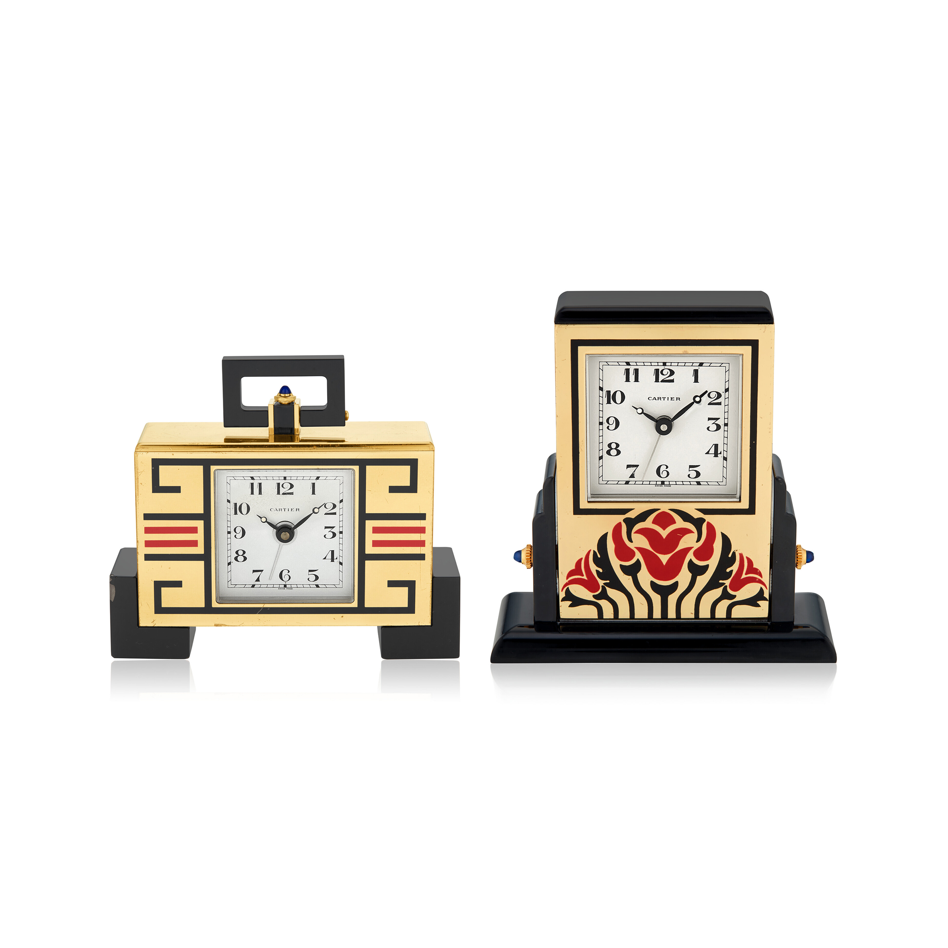 NO RESERVE | TWO CARTIER ONYX, ENAMEL AND SAPPHIRE DESK CLOCKS ...