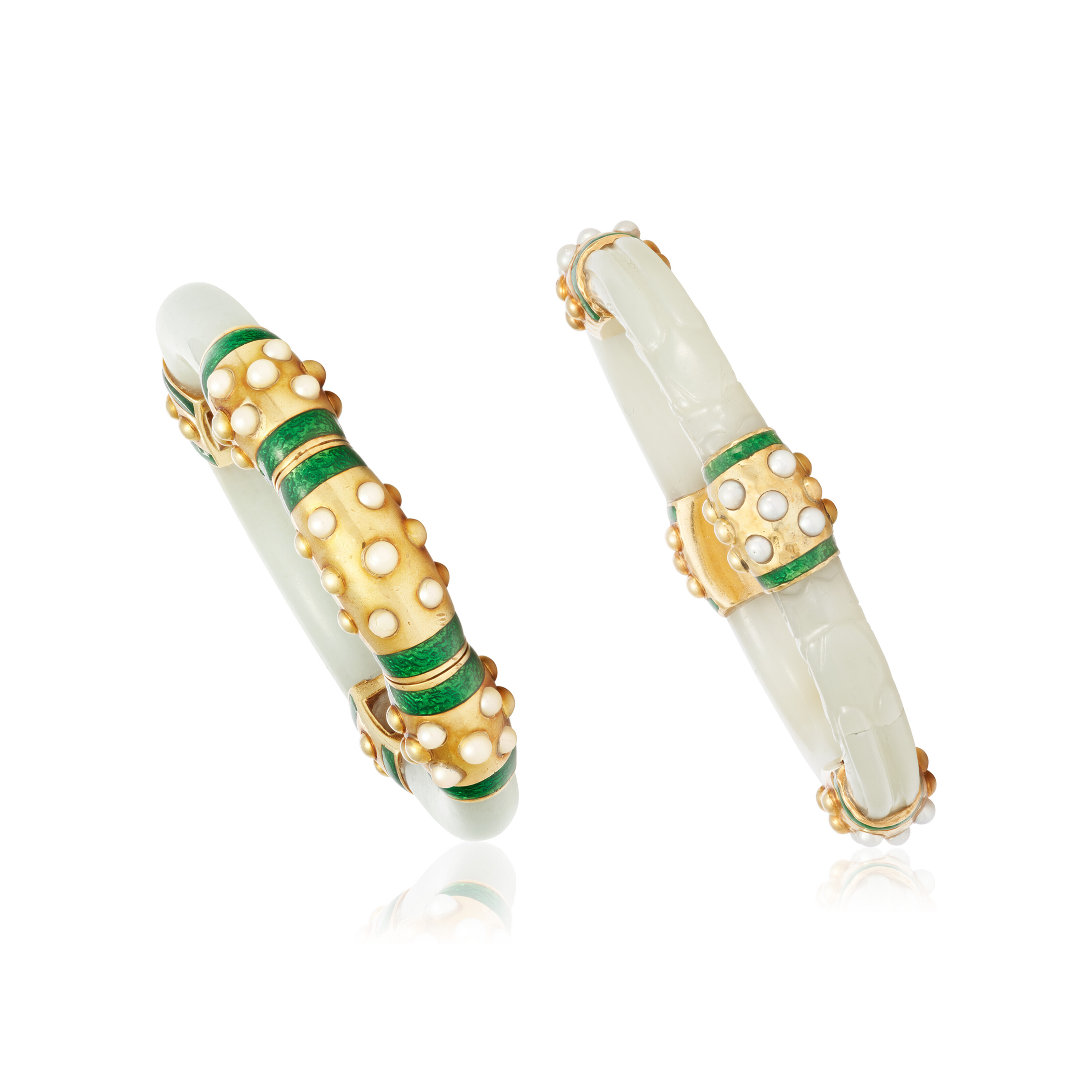 NO RESERVE | DAVID WEBB TWO JADE, CULTURED PEARL AND ENAMEL BANGLE ...