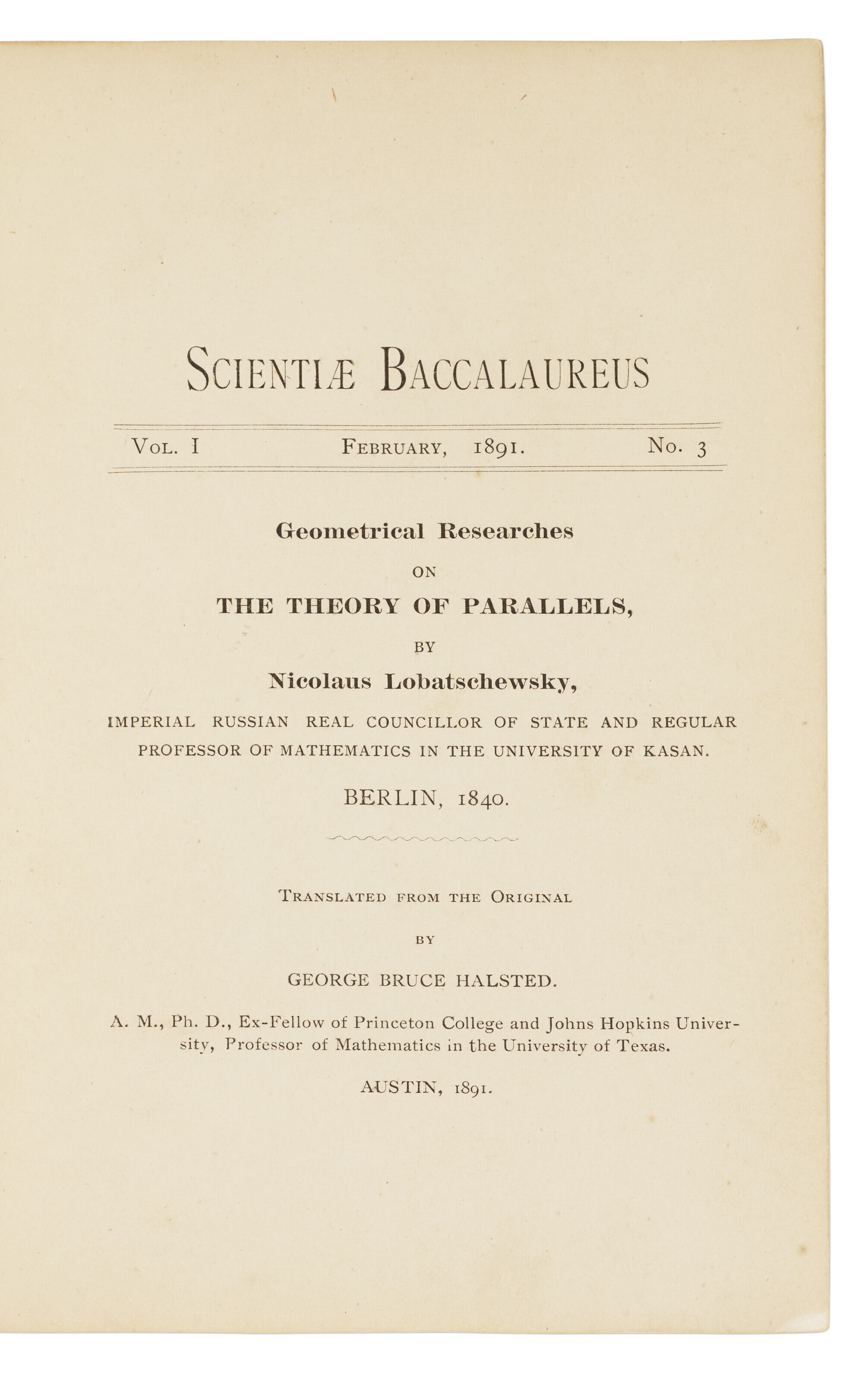 Geometrical Researches on the Theory of Parallels, Nikolai Lobachevsky ...