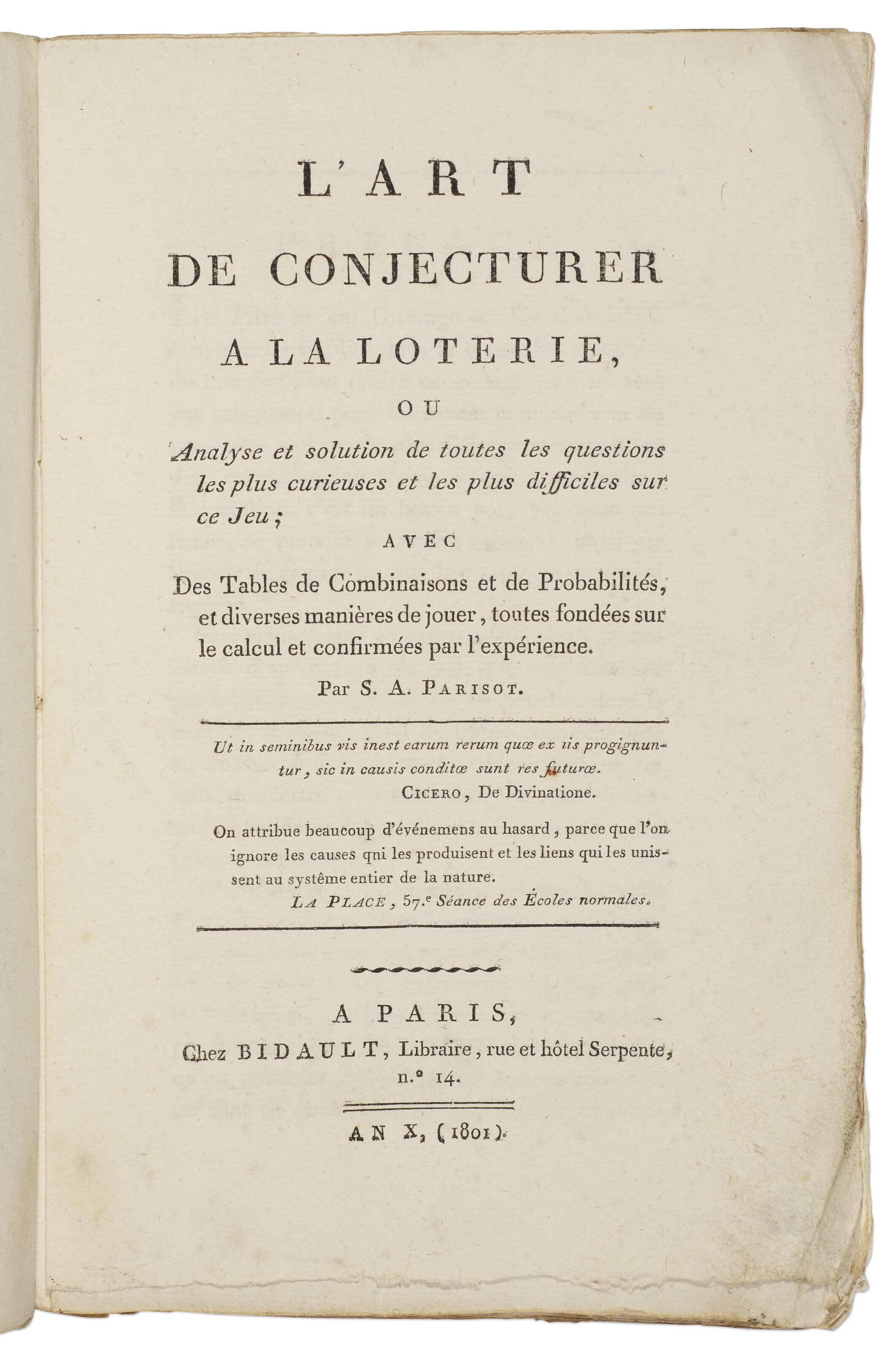 L’art de conjecturer à la loterie, Sébastien Antoine Parisot, 1801 ...
