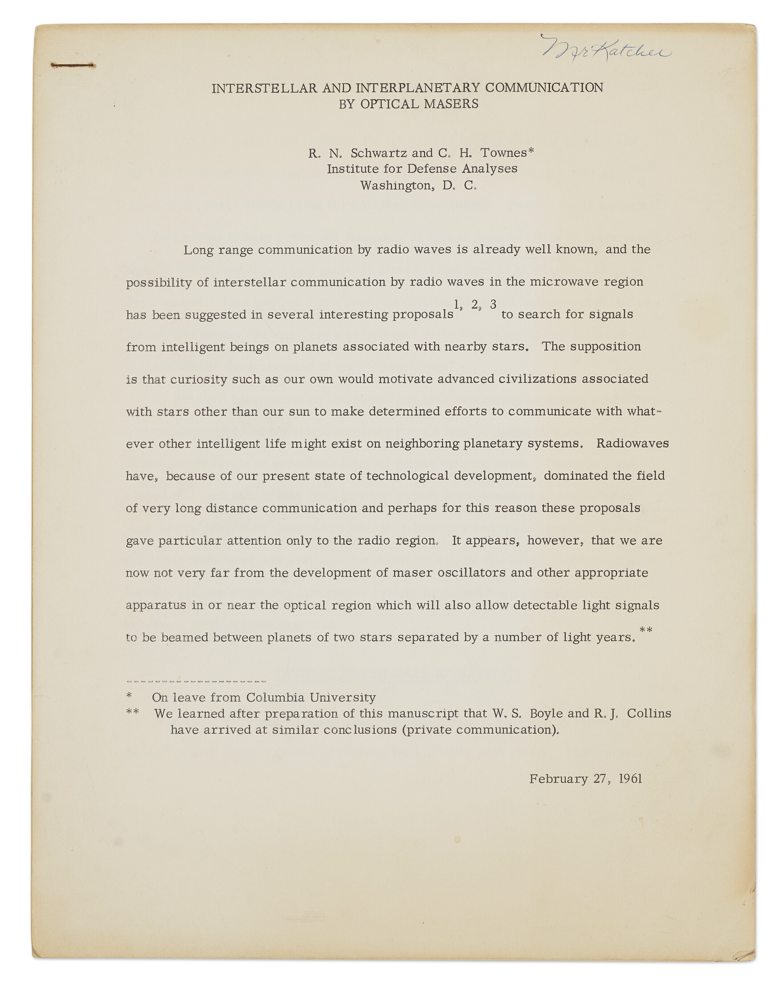 Interstellar and Interplanetary Communication by Optical Masers ...