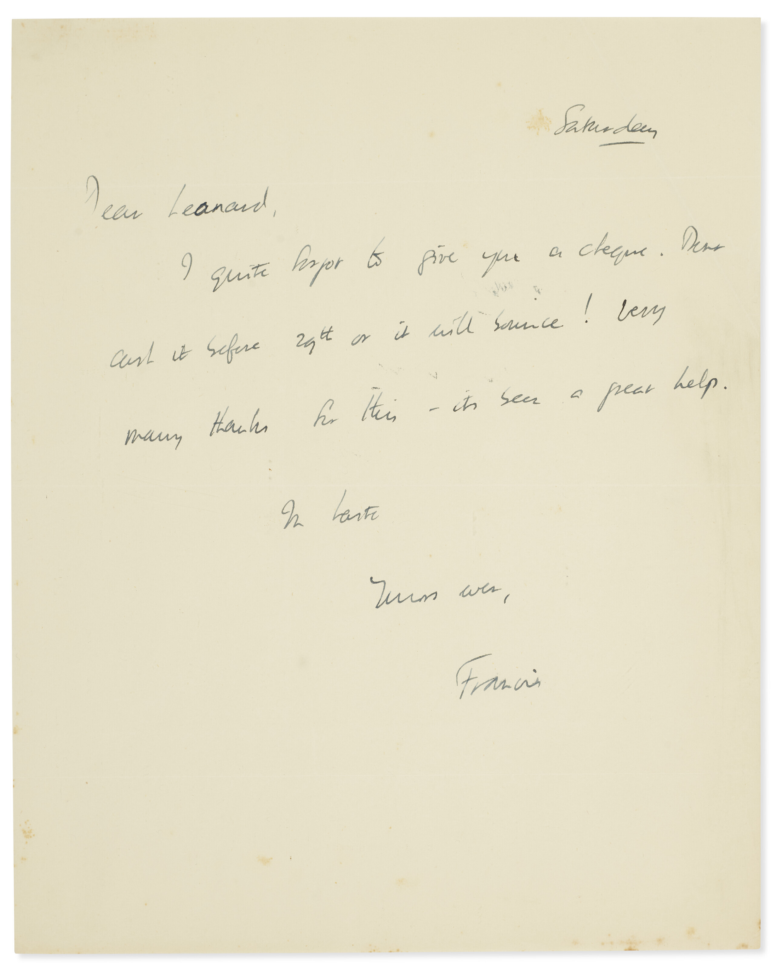 Cash my check or it will bounce, Francis Crick, undated letter | Christie’s