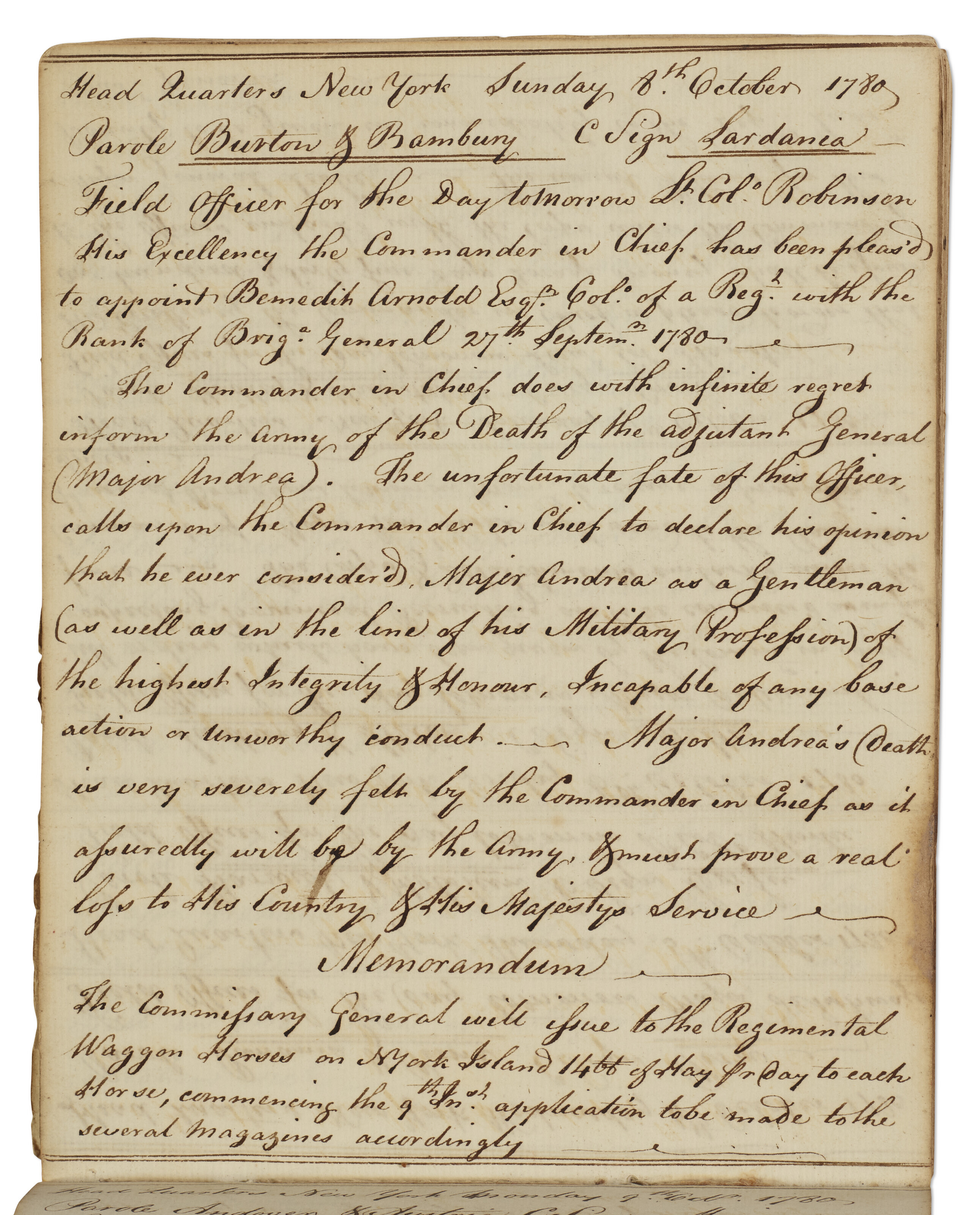 Recording Arnold's treason and André's execution, British garrison at ...