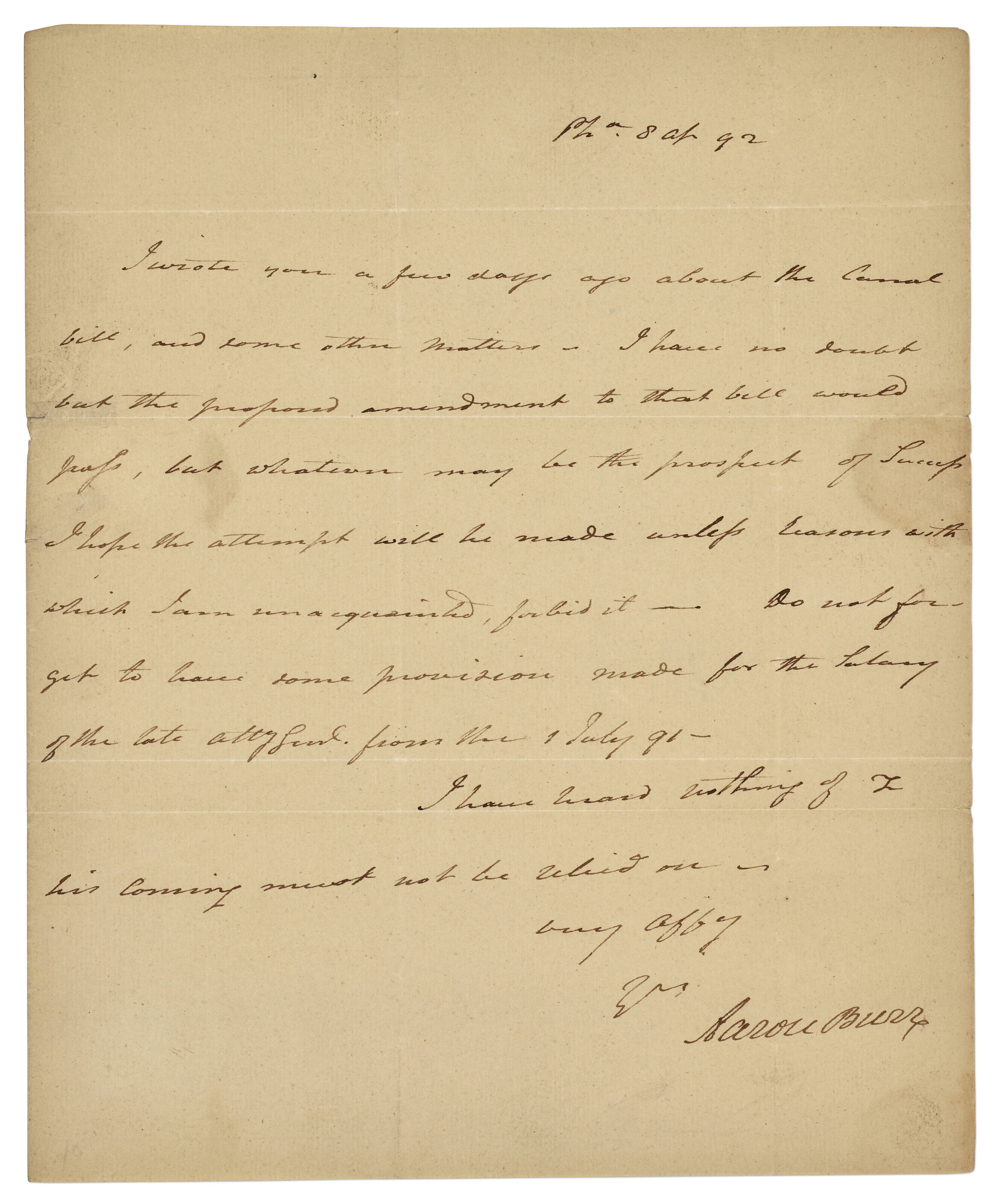 On the pending "Canal bill", Aaron Burr, 8 April 1792 | Christie’s