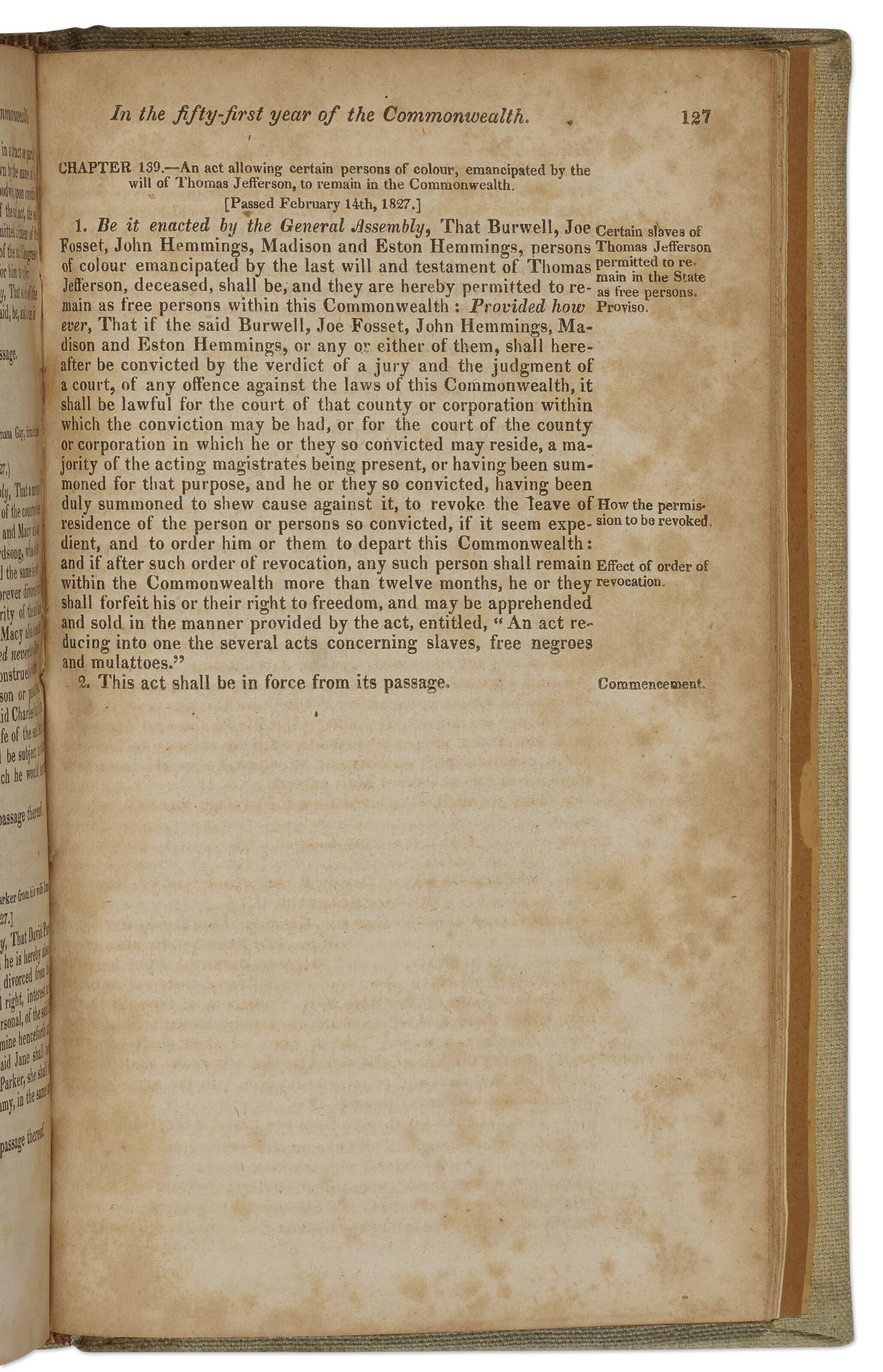 Sally Hemings' family & Thomas Jefferson, Acts of Virginia, 1826 ...