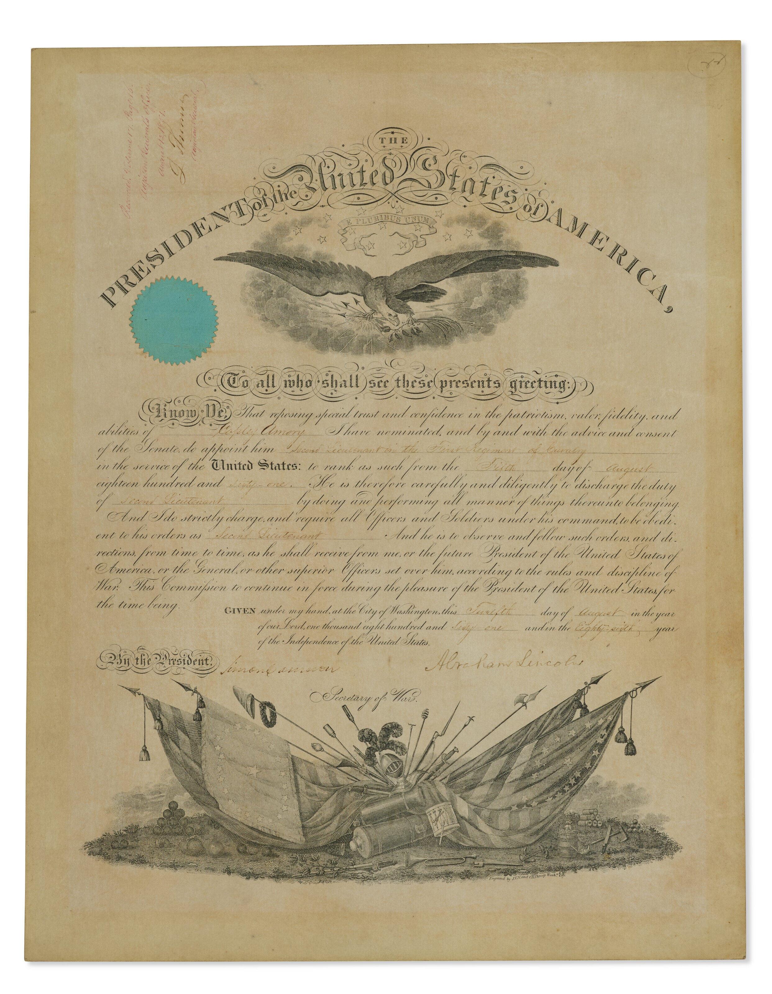 A signed military commission, Abraham Lincoln, 1861 | Christie’s