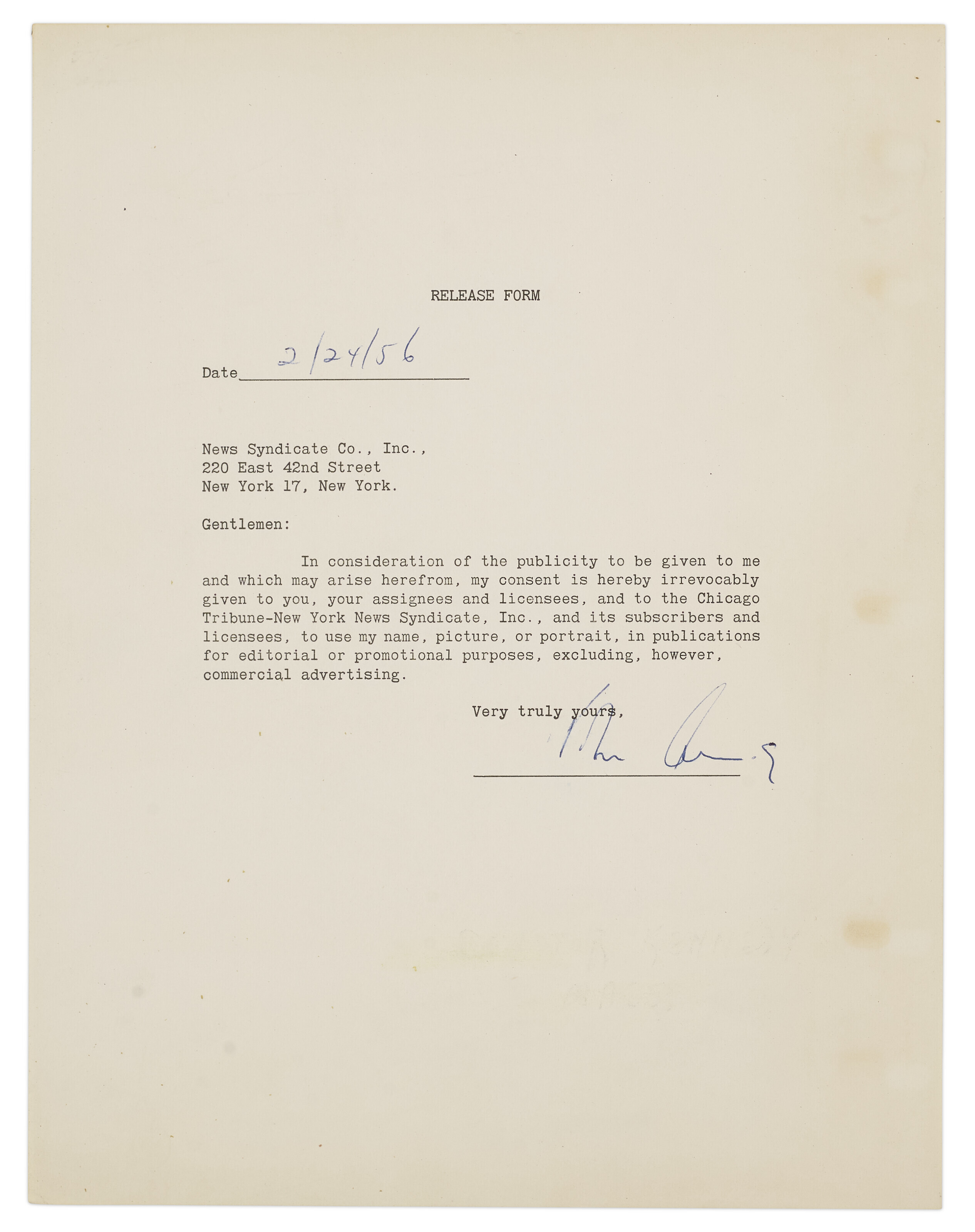 A release form for a speaking engagement, John F. Kennedy, 24 February ...