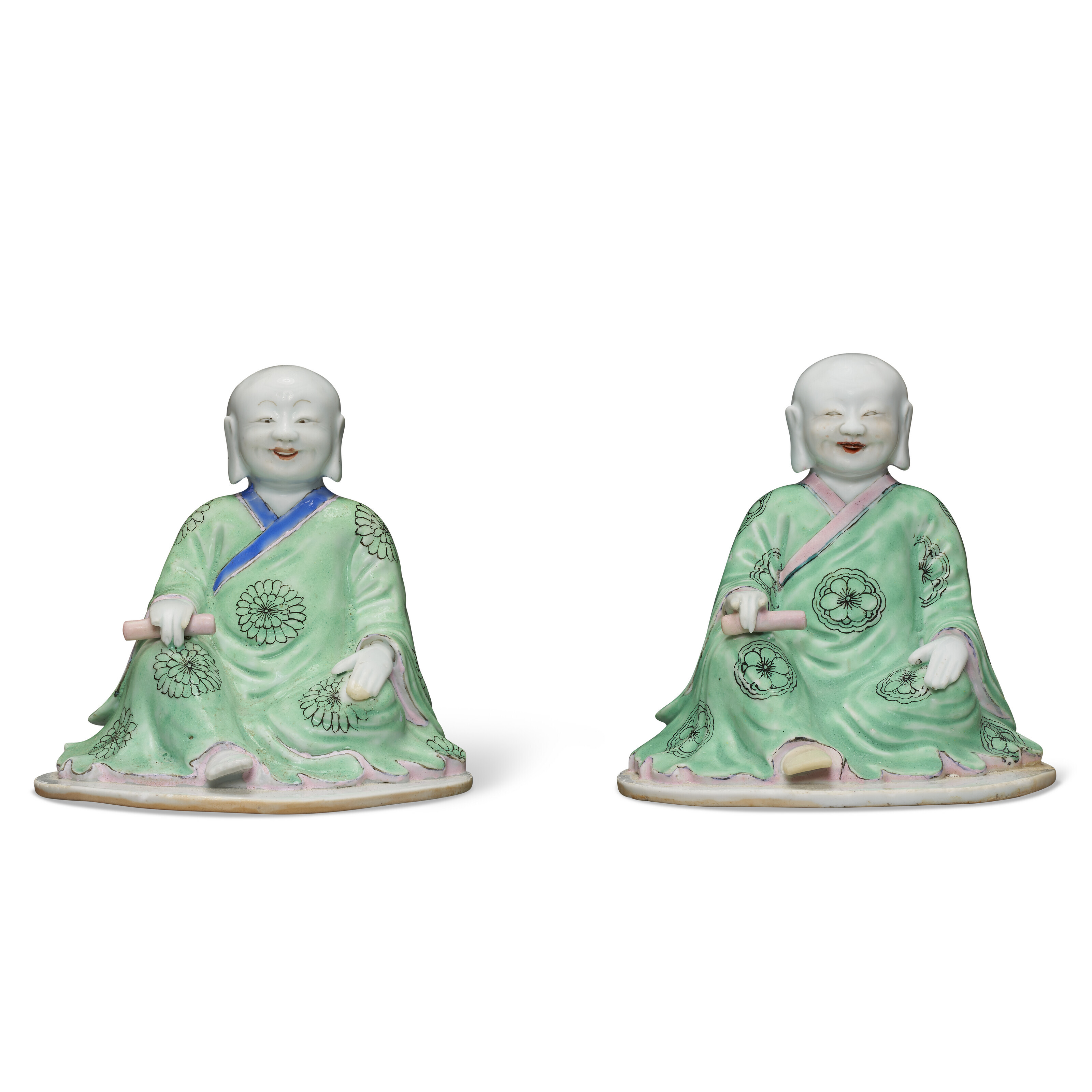A PAIR OF FAMILLE VERTE FIGURES OF SEATED MONKS, CHINA, QIANLONG PERIOD ...