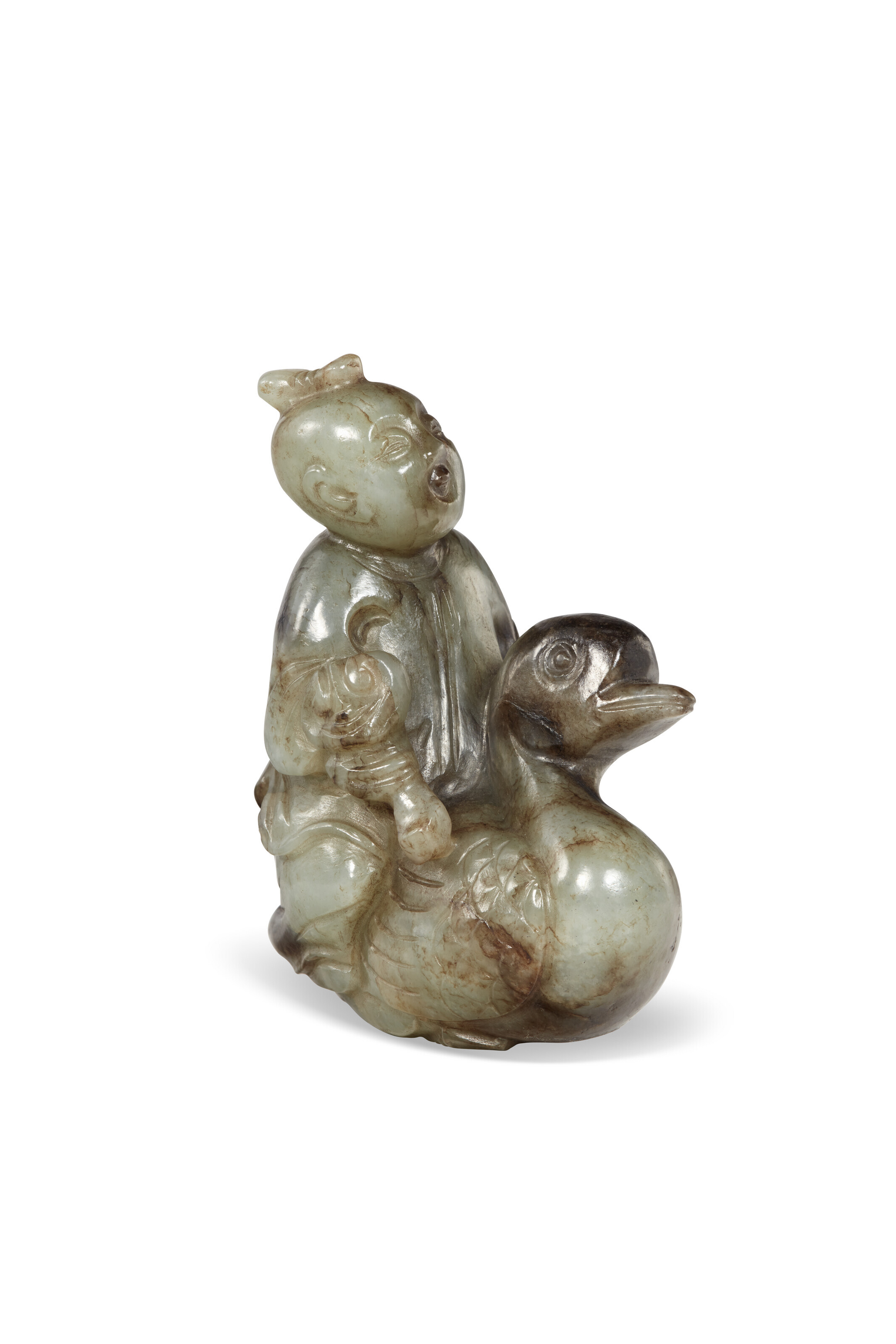 A GREEN AND BROWN JADE 'BOY AND DUCK' GROUP, CHINA, MING DYNASTY (1368 ...