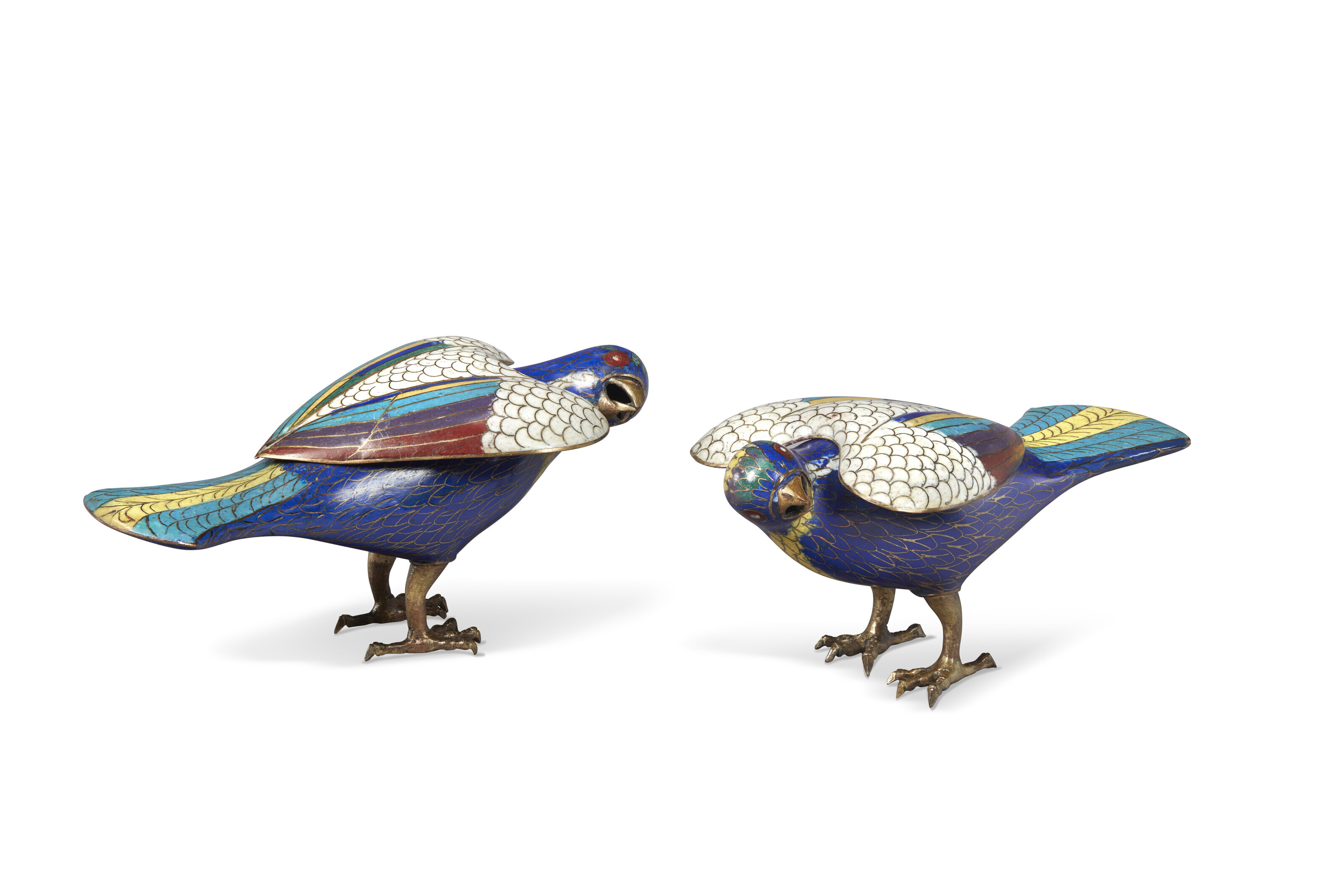 A PAIR OF CLOISONNÉ ENAMEL HAWK-FORM CENSERS AND COVERS, CHINA, 18TH ...