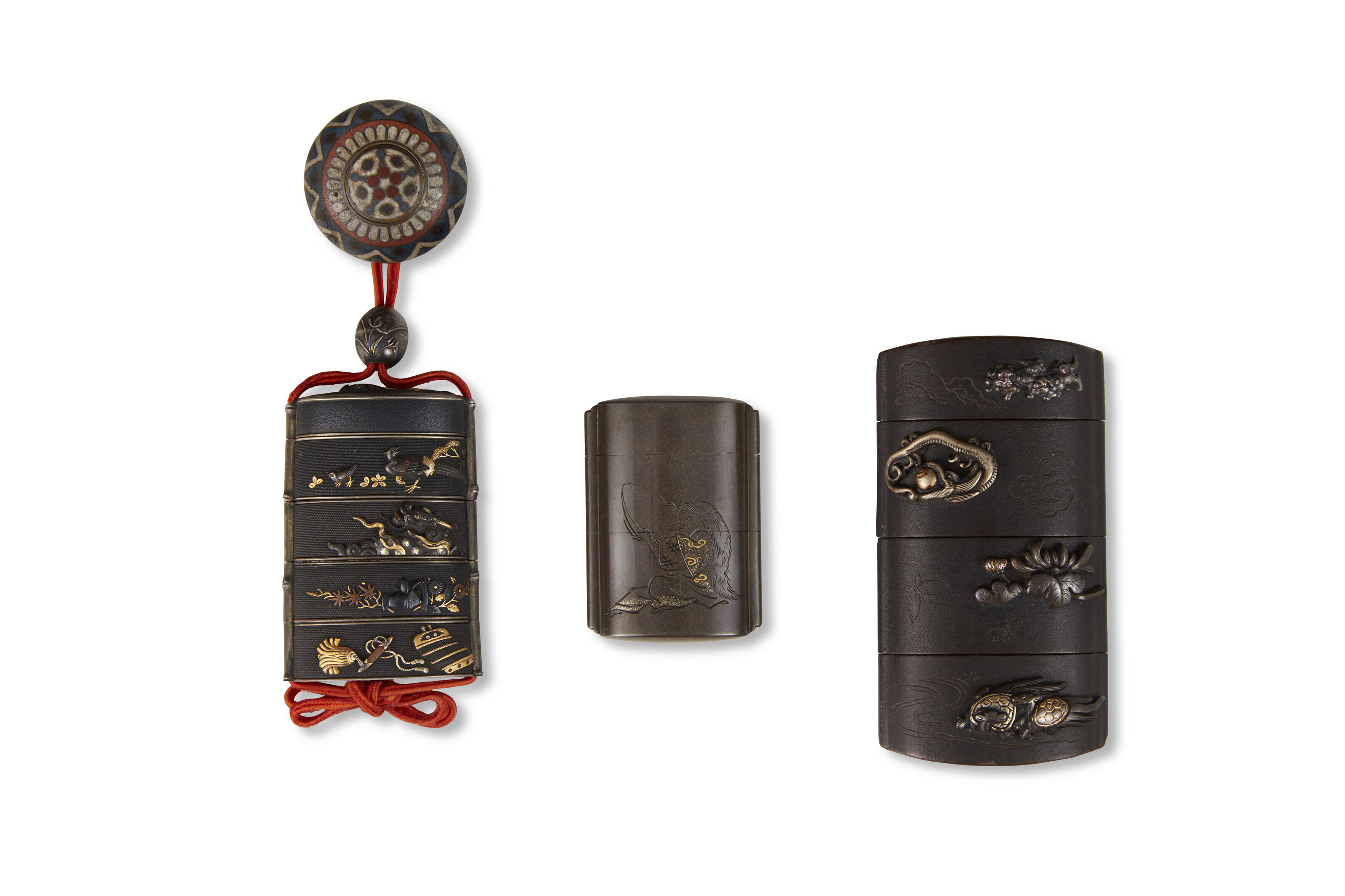 A GROUP OF THREE INRO WITH SOFT-METAL-INLAY, EDO PERIOD (19TH CENTURY ...