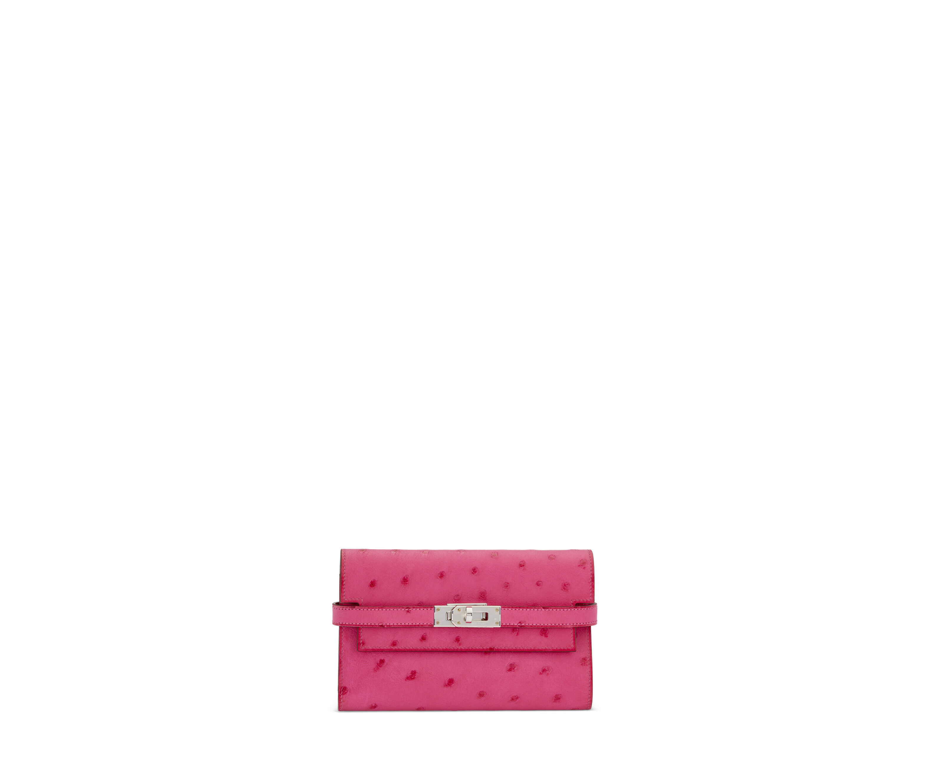 A ROSE TYRIEN OSTRICH KELLY COMPACT WALLET WITH PALLADIUM HARDWARE ...