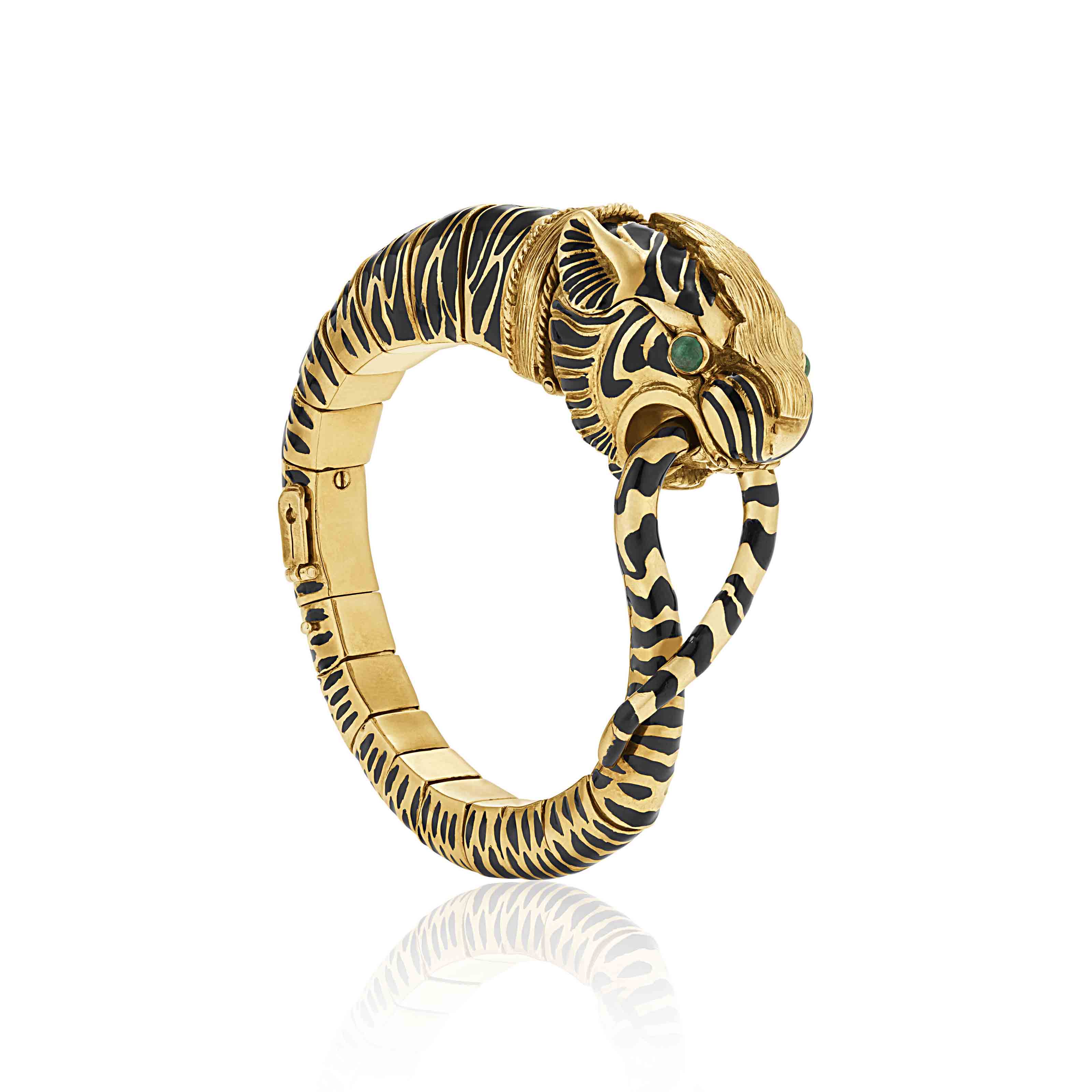 DAVID WEBB EMERALD AND ENAMEL TIGER BANGLE BRACELET-WATCH, | Christie’s