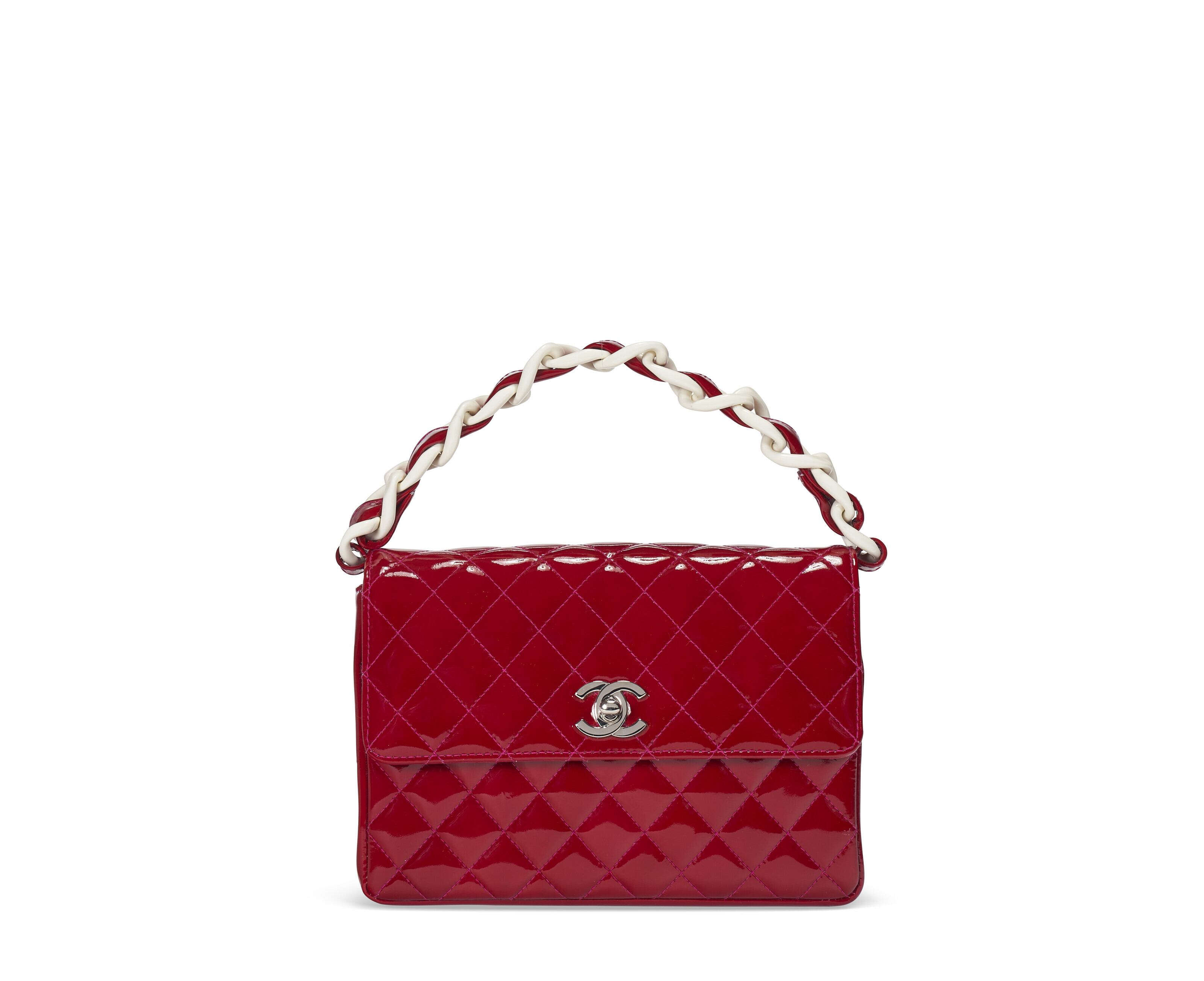 A RED PATENT LEATHER ACRYLIC CHAIN TOP HANDLE BAG WITH SILVER HARDWARE ...