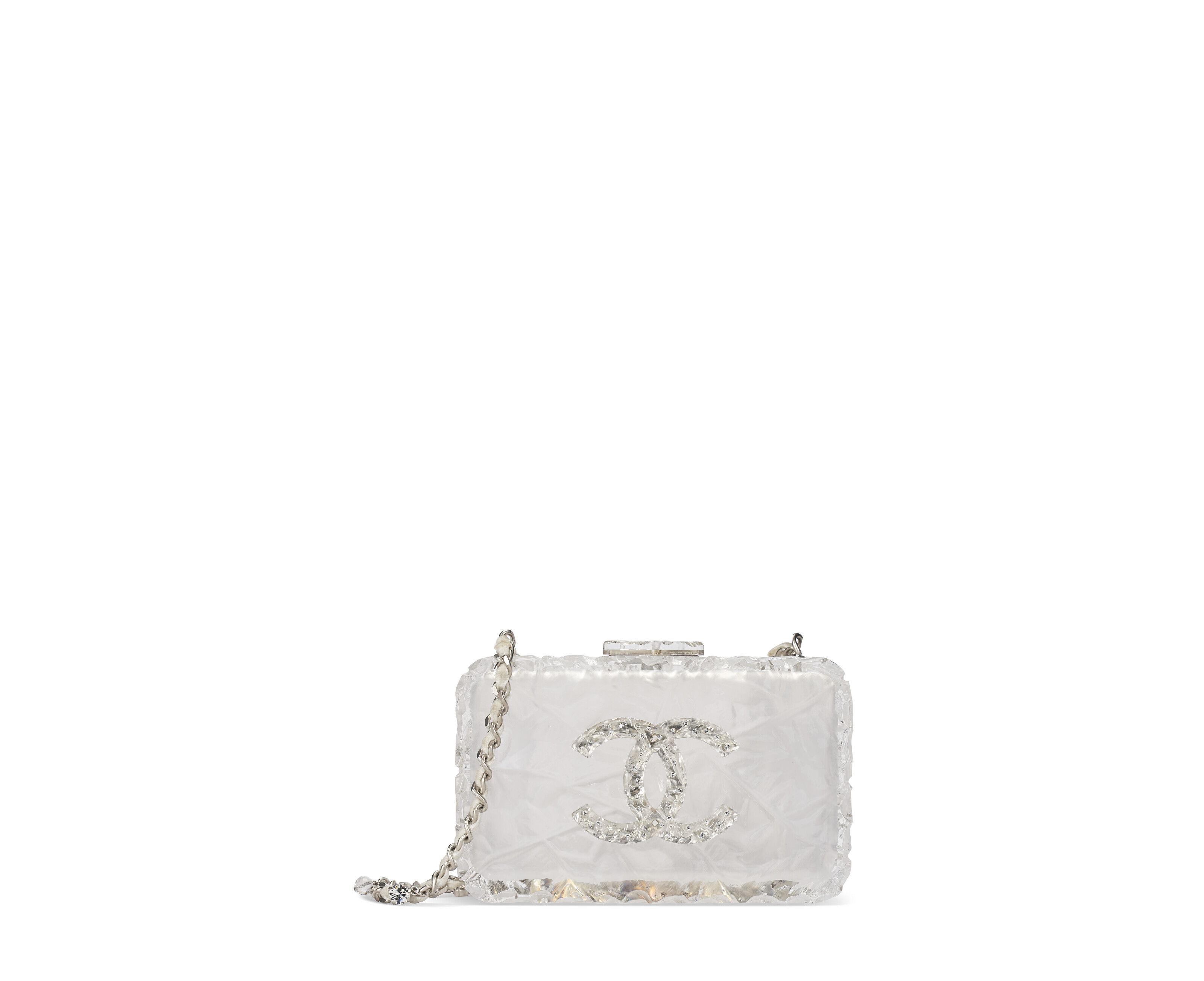A RARE, RUNWAY ACRYLIC & CRYSTAL CC ICE CUBE CLUTCH WITH SILVER ...