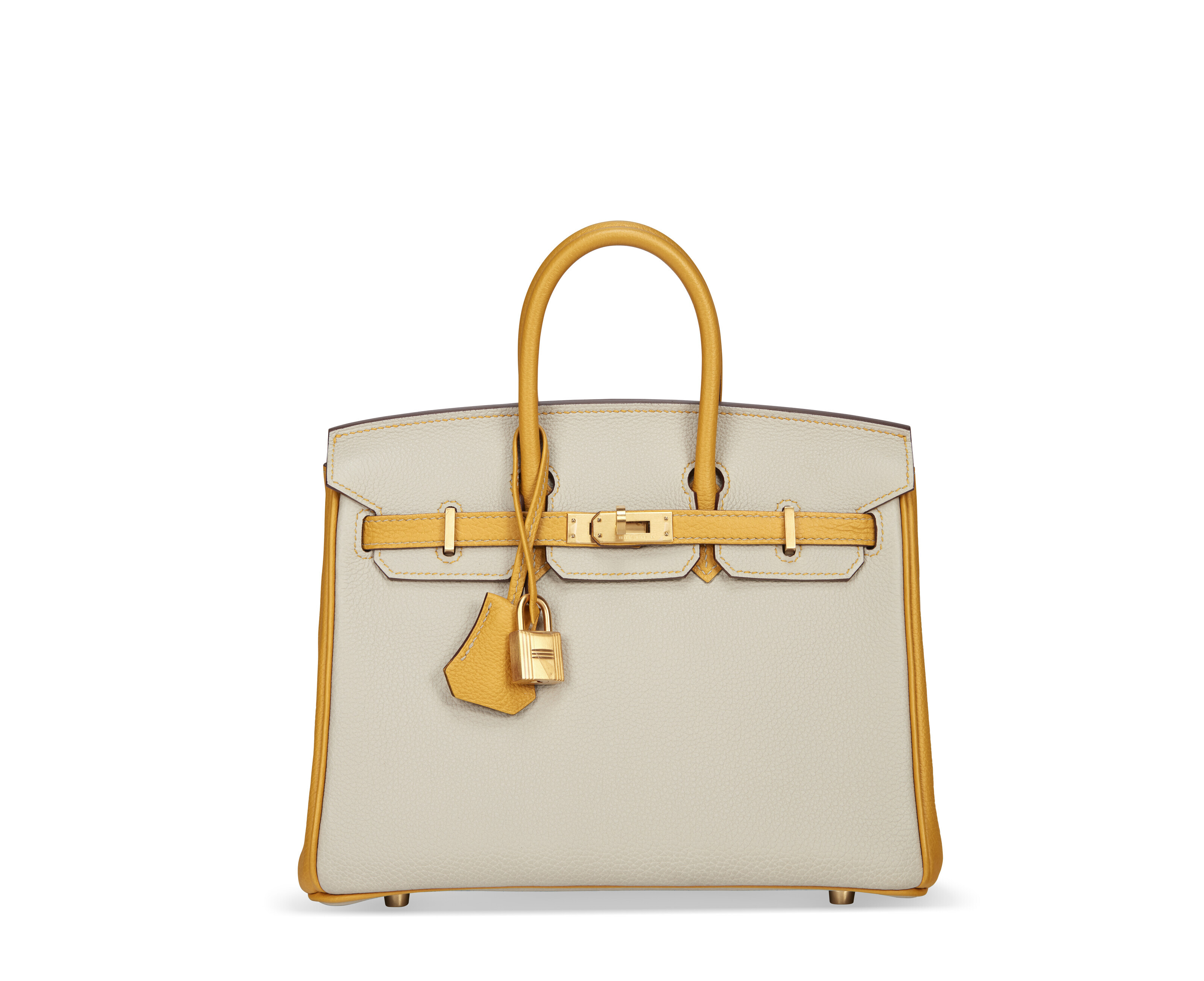 A CUSTOM BETON & JAUNE AMBRE TOGO LEATHER BIRKIN 25 WITH BRUSHED GOLD ...