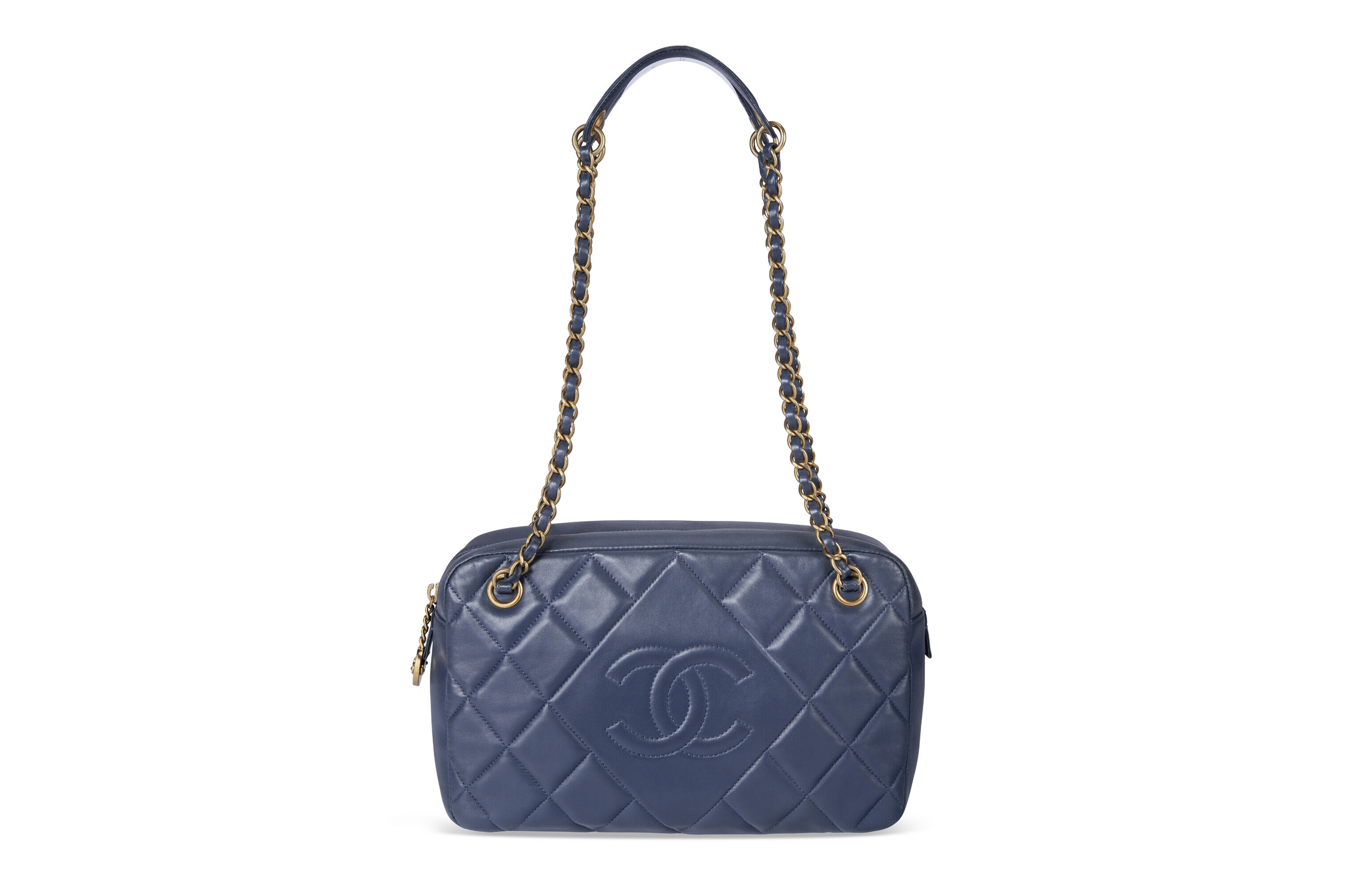 A SLATE BLUE LEATHER DIAMOND CC LARGE CAMERA BAG WITH LIGHT GOLD ...