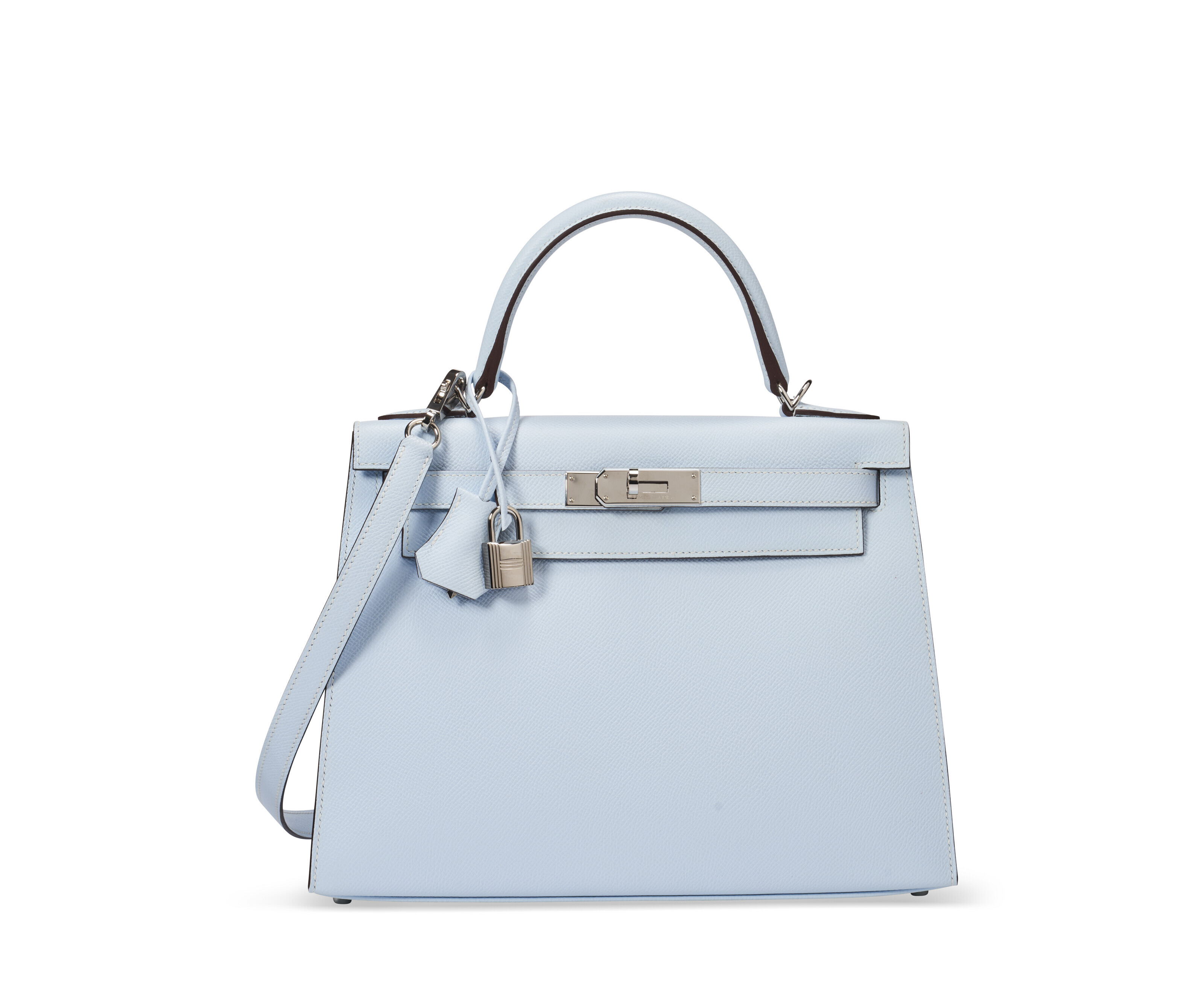 A BLEU BRUME EPSOM LEATHER SELLIER KELLY 28 WITH PALLADIUM HARDWARE ...