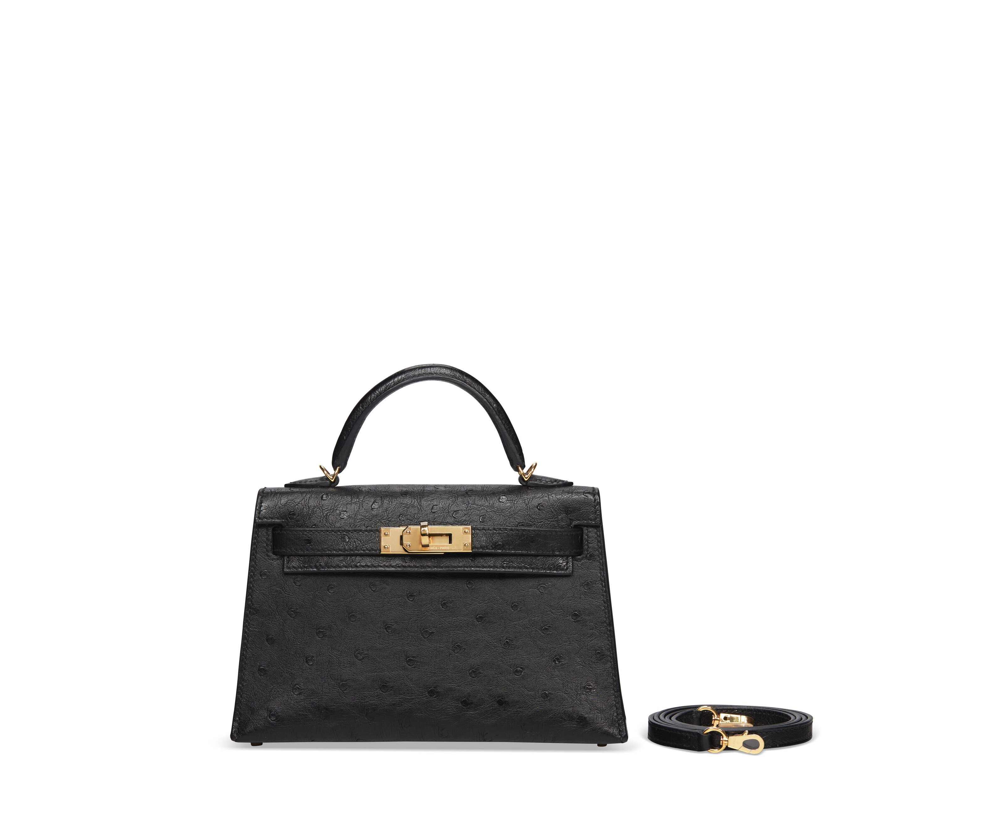 A BLACK OSTRICH MINI KELLY 20 II WITH GOLD HARDWARE, HERMÈS, 2021 ...