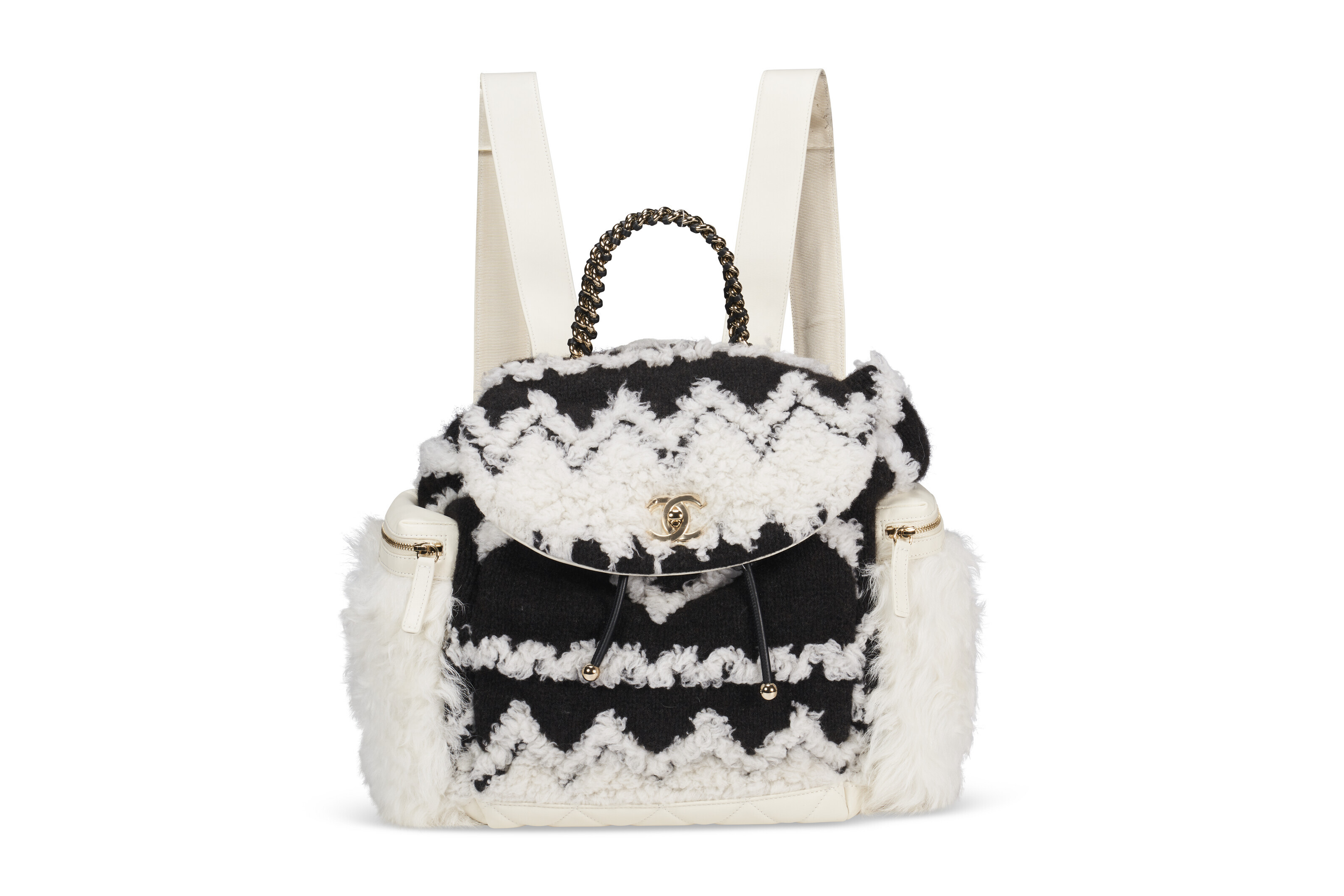 A RUNWAY BLACK & WHITE KNIT WOOL, SHEARLING AND SHEEPSKIN CC LARGE ...