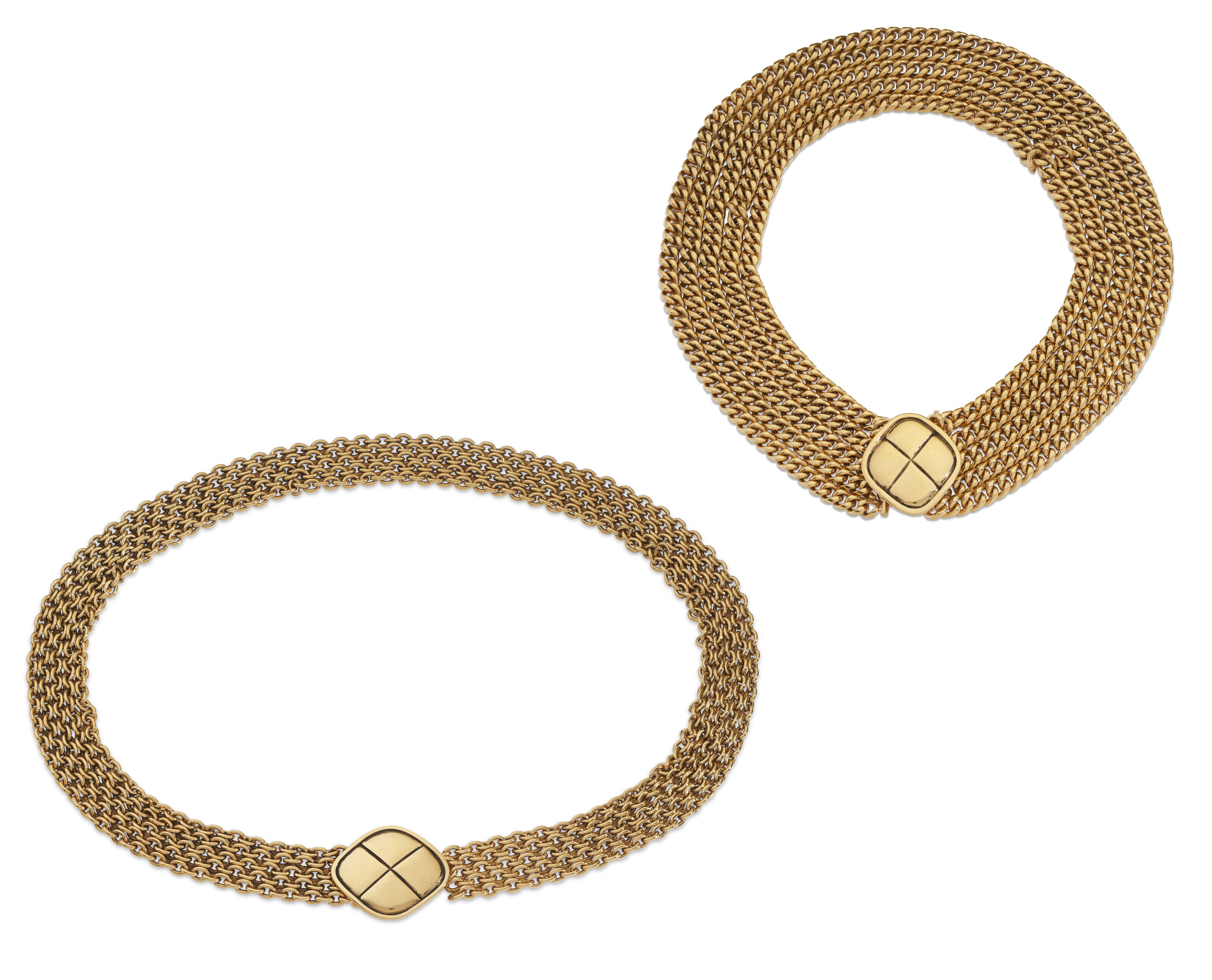 A SET OF TWO: A MATELASSE CLASP GOLD-PLATED METAL NECKLACE & MATCHING ...