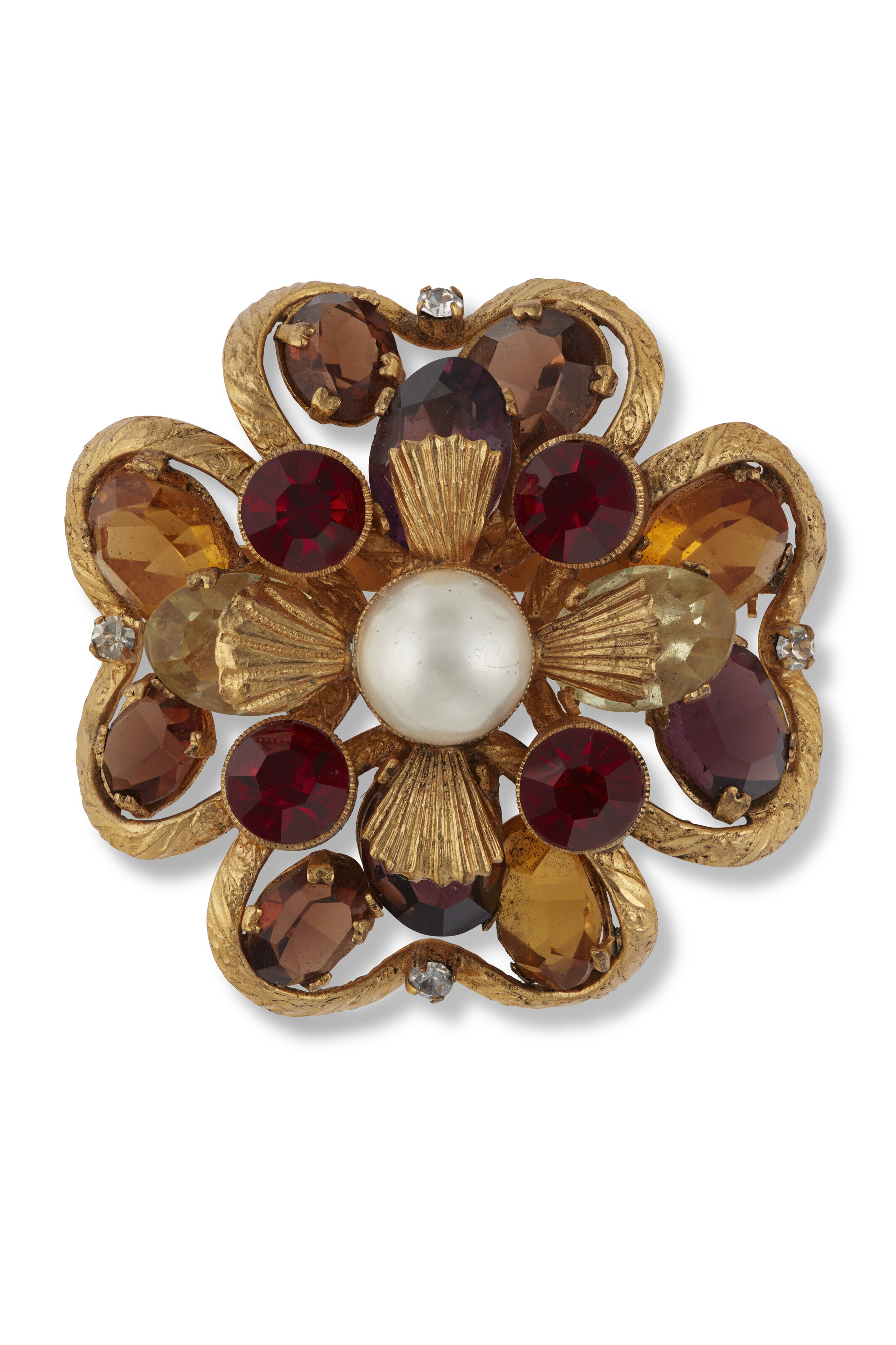 A RARE, MULTICOLOR CRYSTAL & FAUX PEARL FILIGREE MALTESE CROSS BROOCH ...