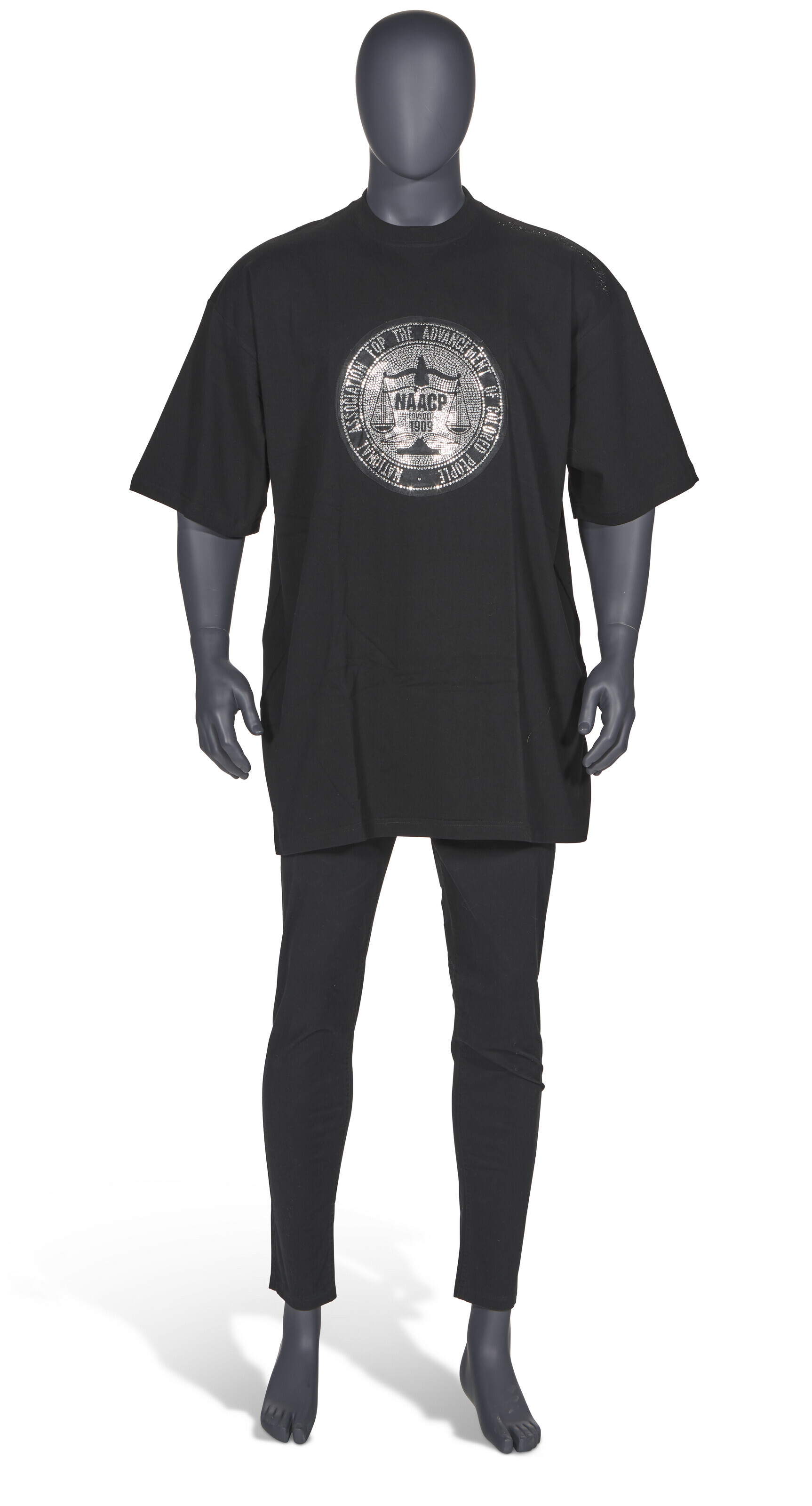 A PAIR OF BLACK T-SHIRTS FEATURING SILVER RHINESTONE-STUDDED NAACP LOGO ...