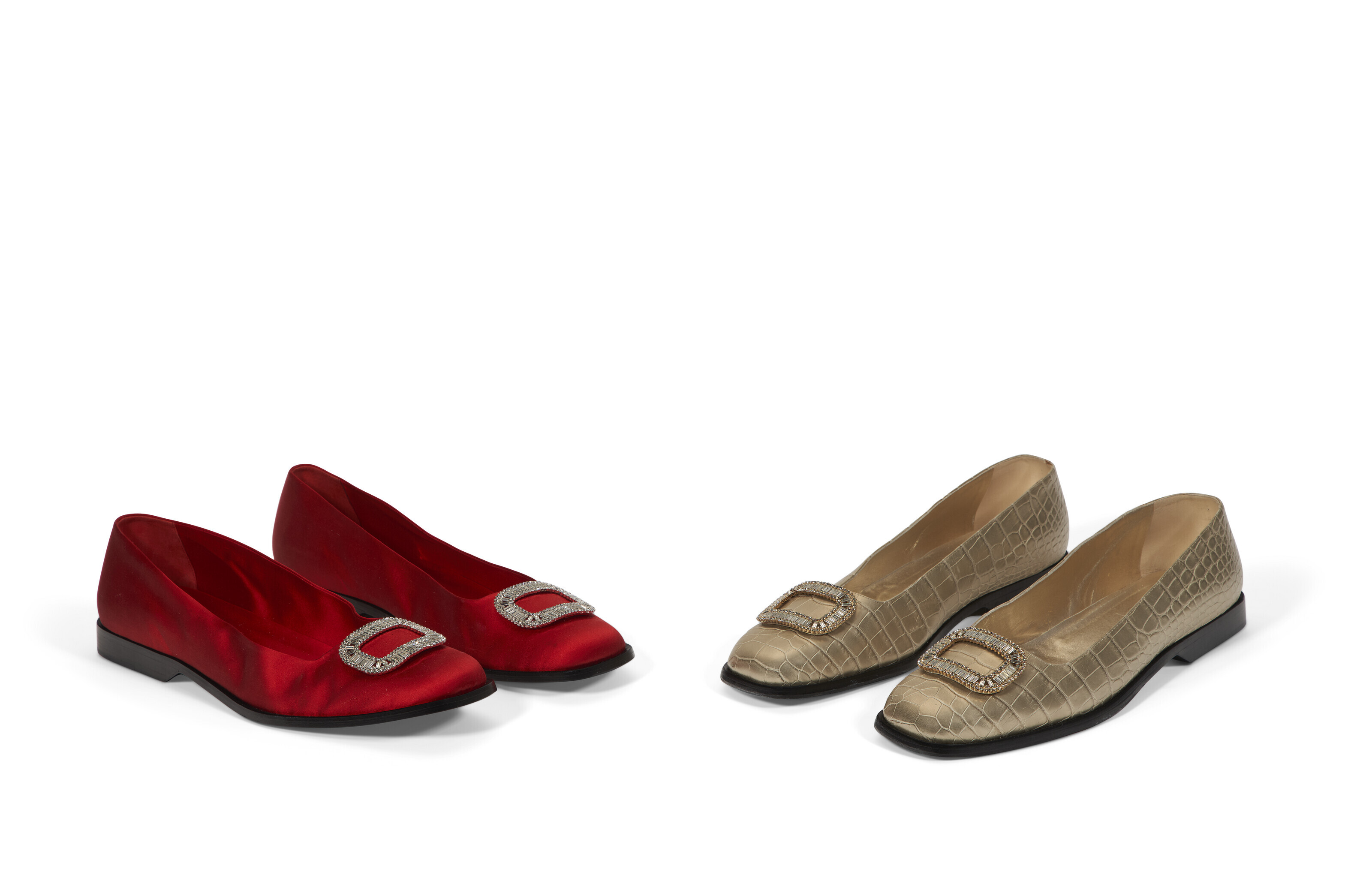 Two pairs of evening shoes with rhinestone buckle, one red silk satin ...