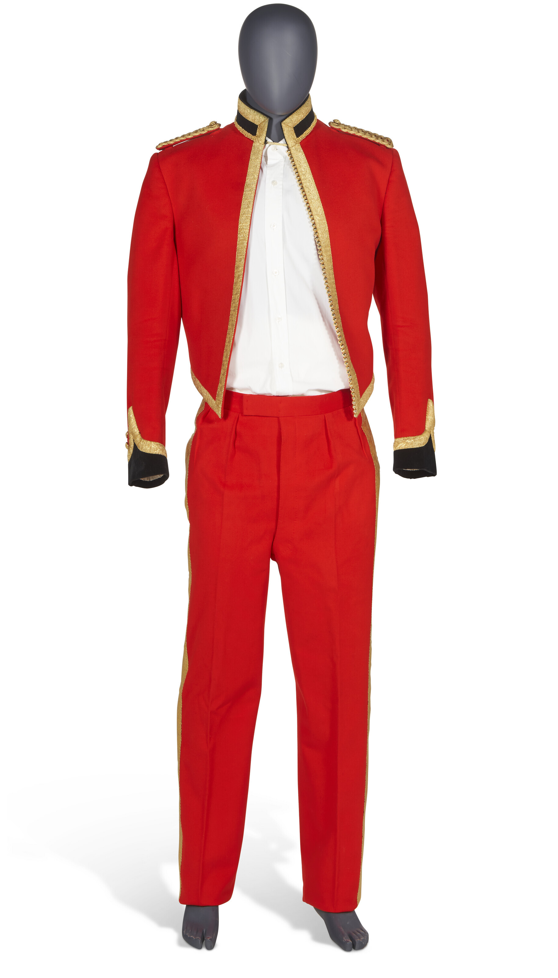A RED AND GILT METALLIC TRIM TWOPIECE WOOL MILITARY SUIT, WELSH ...