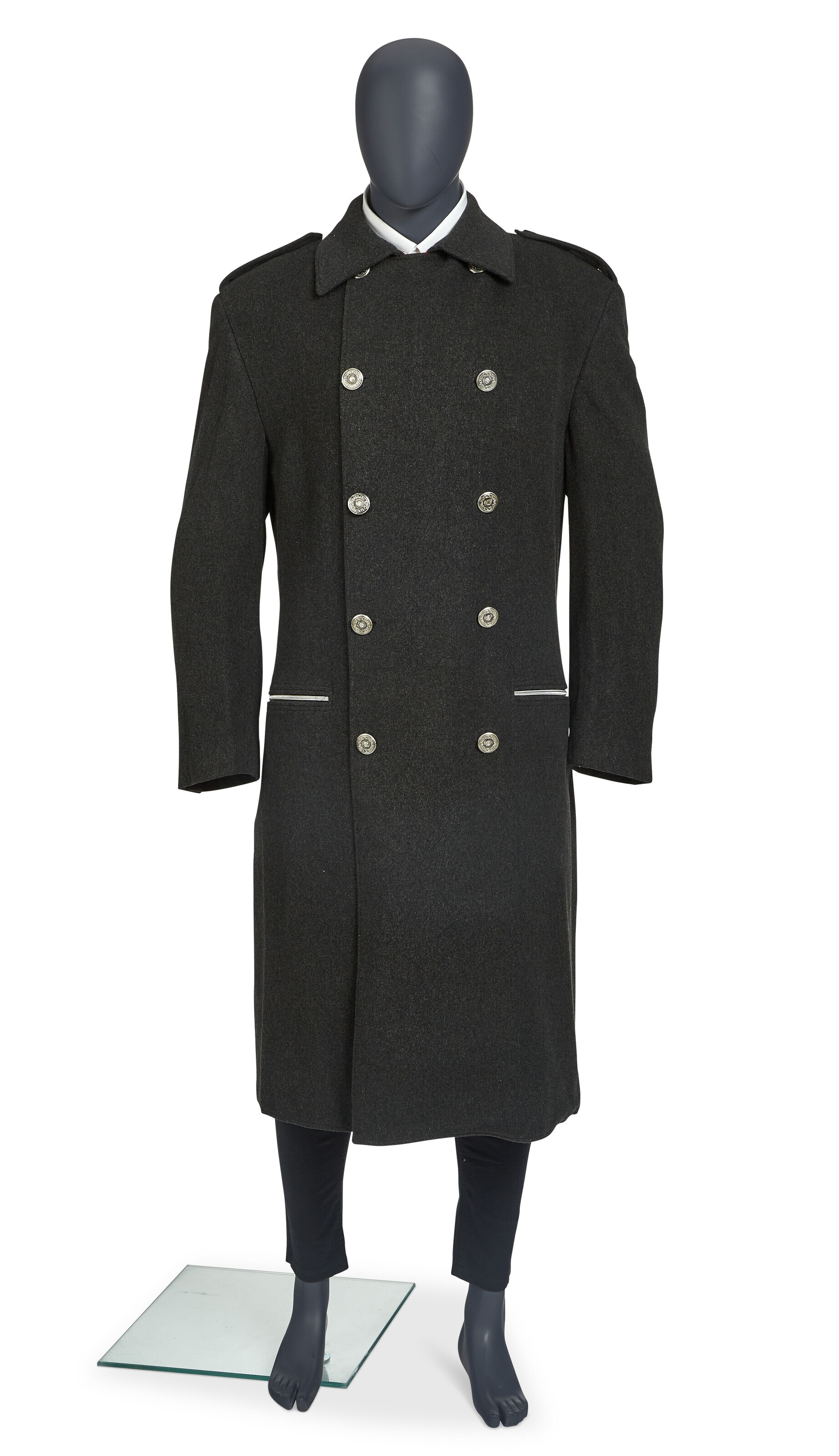 A GRAY WOOL MILITARY STYLE DOUBLE-BREASTED COAT, GIANNI VERSACE, LATE ...