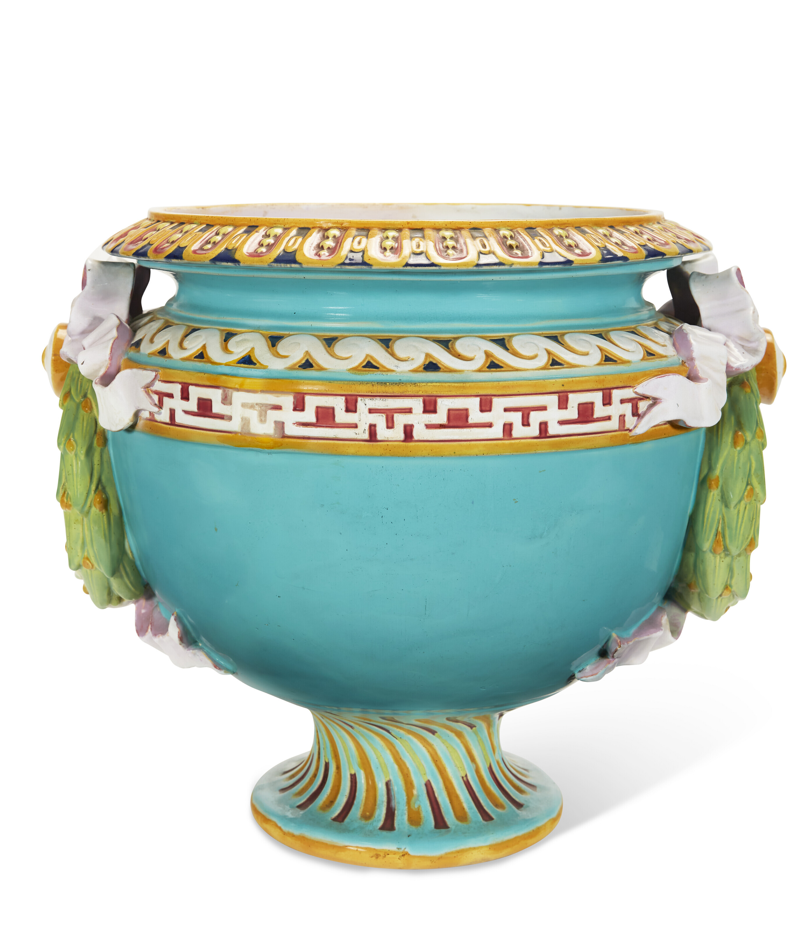 A MINTONS MAJOLICA TURQUOISE-GROUND JARDINIERE, DATE CYPHER FOR 1882 ...